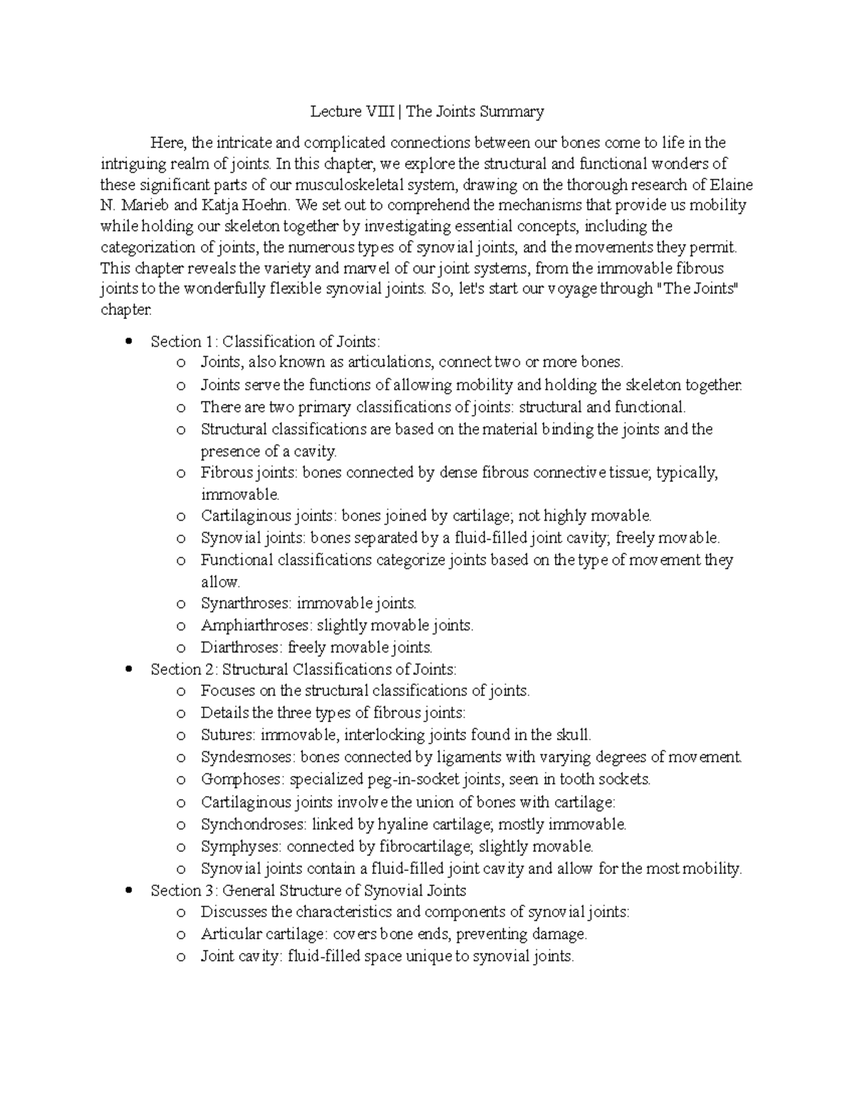 Lecture VIII Summary - Chapter Summaries - Lecture VIII | The Joints Summary Here, the intricate ...