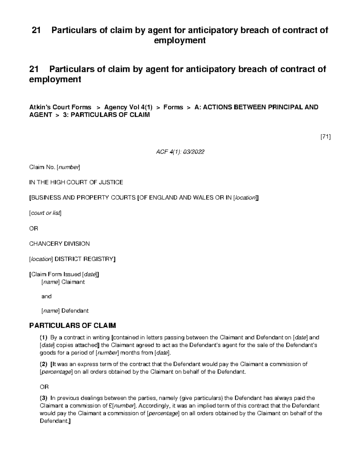 21 Particulars of claim by agent for anticipatory breach of contract of ...