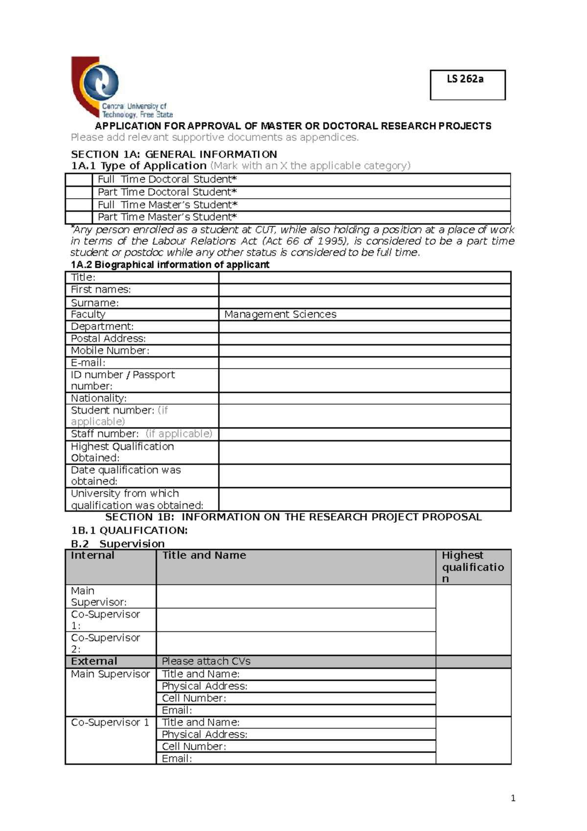 Proposal Template - nno - LS 262a APPLICATION FOR APPROVAL OF MASTER OR ...