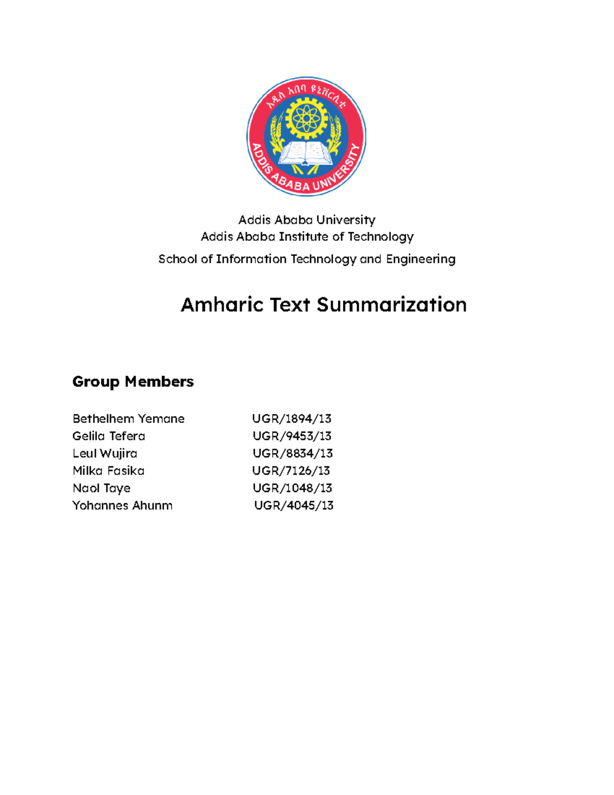 Machine Learning Proposal Amharic Text Summarization - Addis Ababa University Addis Ababa ...