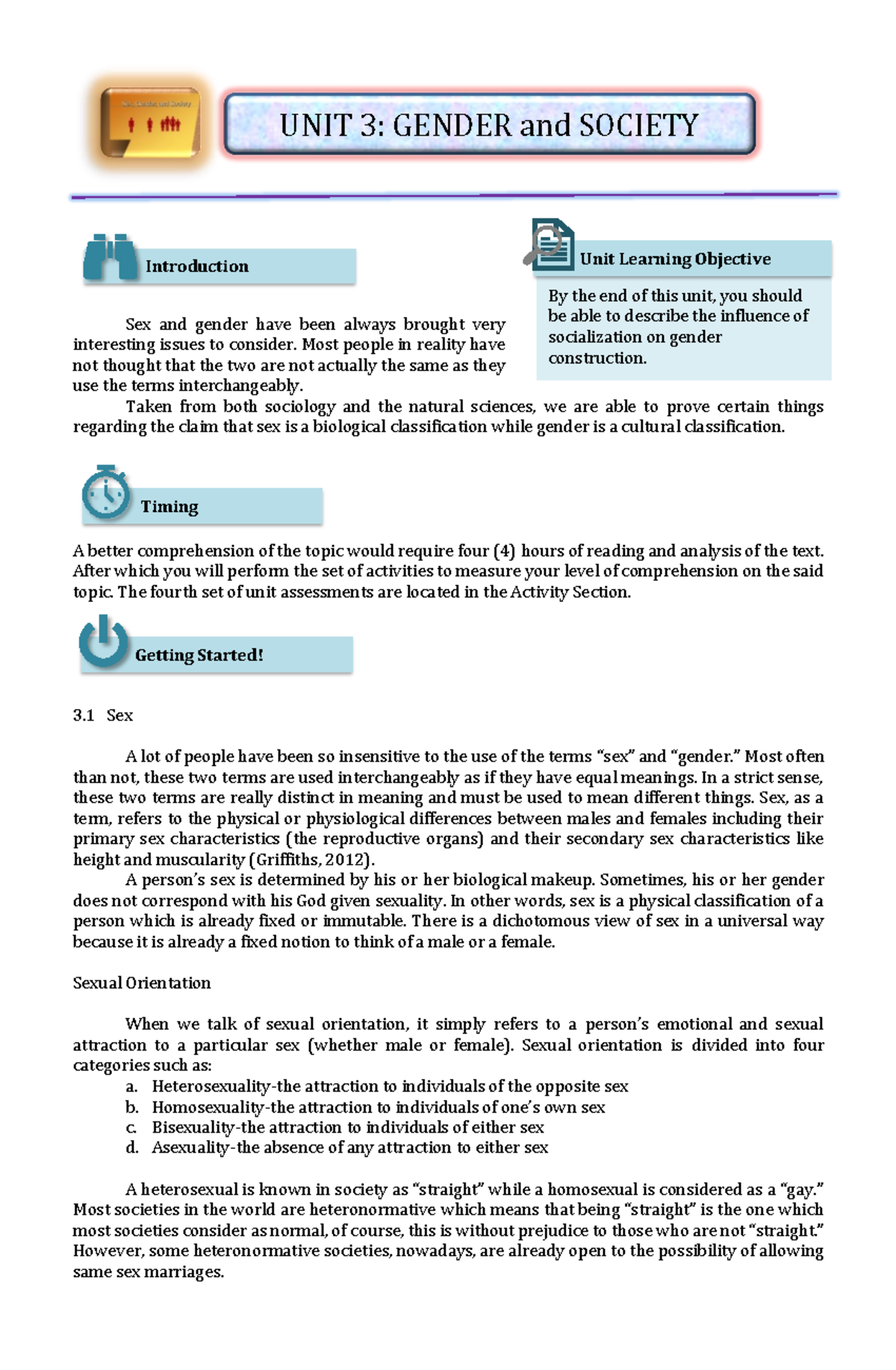 UNIT 3 - On Gender and Society -147380928 - Sex and gender have been ...