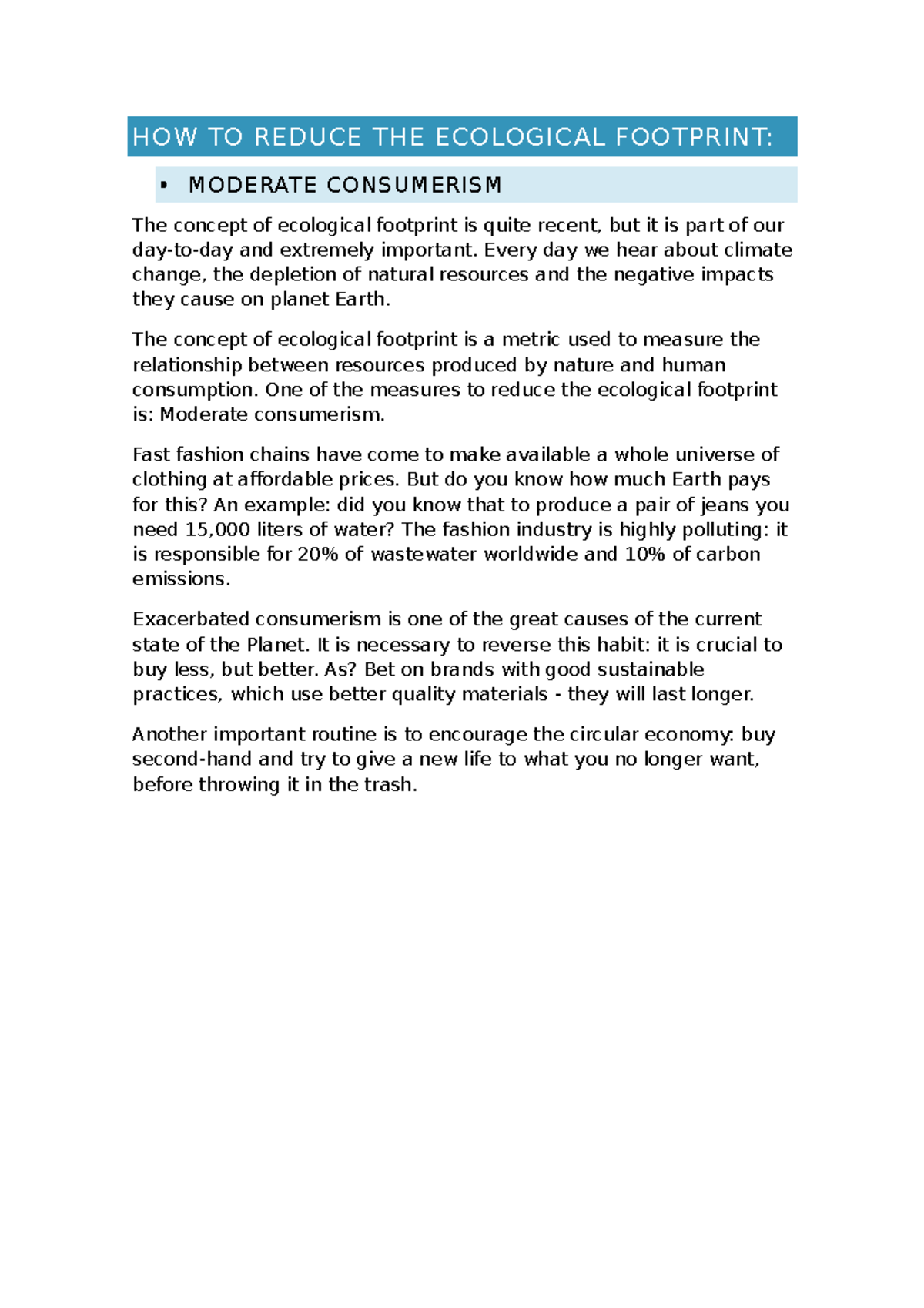 HOW TO Reduce THE Ecological Footprint - HOW TO REDUCE THE ECOLOGICAL ...