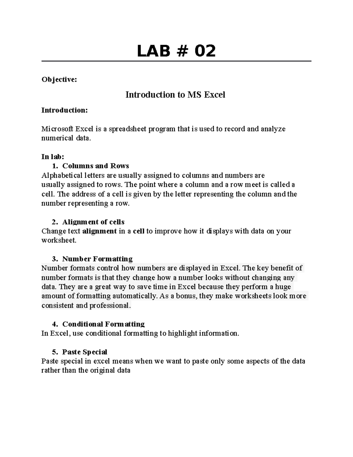 Lab 2 - lecture of ict - LAB # 02 Objective: Introduction to MS Excel Introduction: Microsoft ...