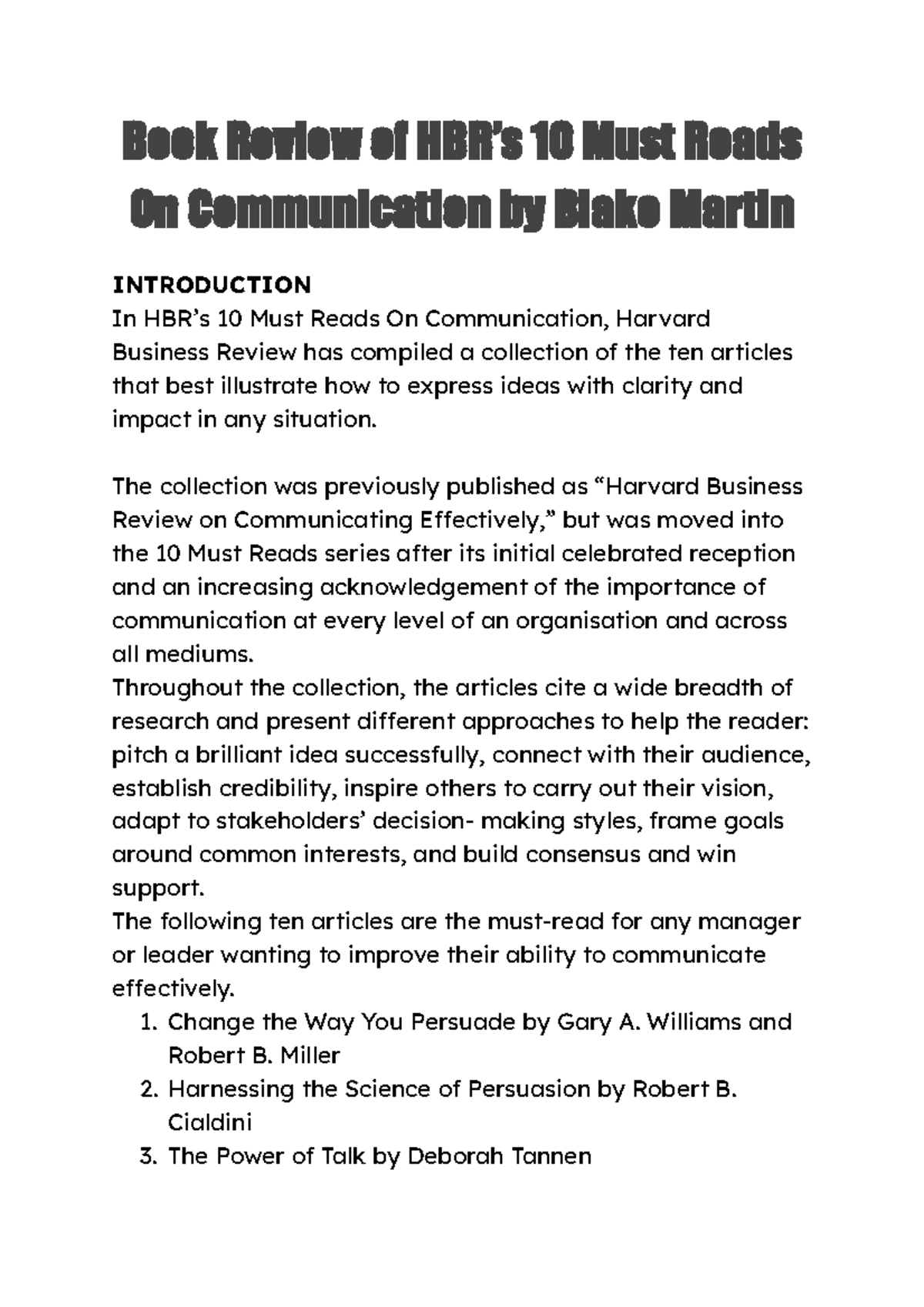 Book Review of HBR’s 10 Must Reads On Communication by Blake Martin ...