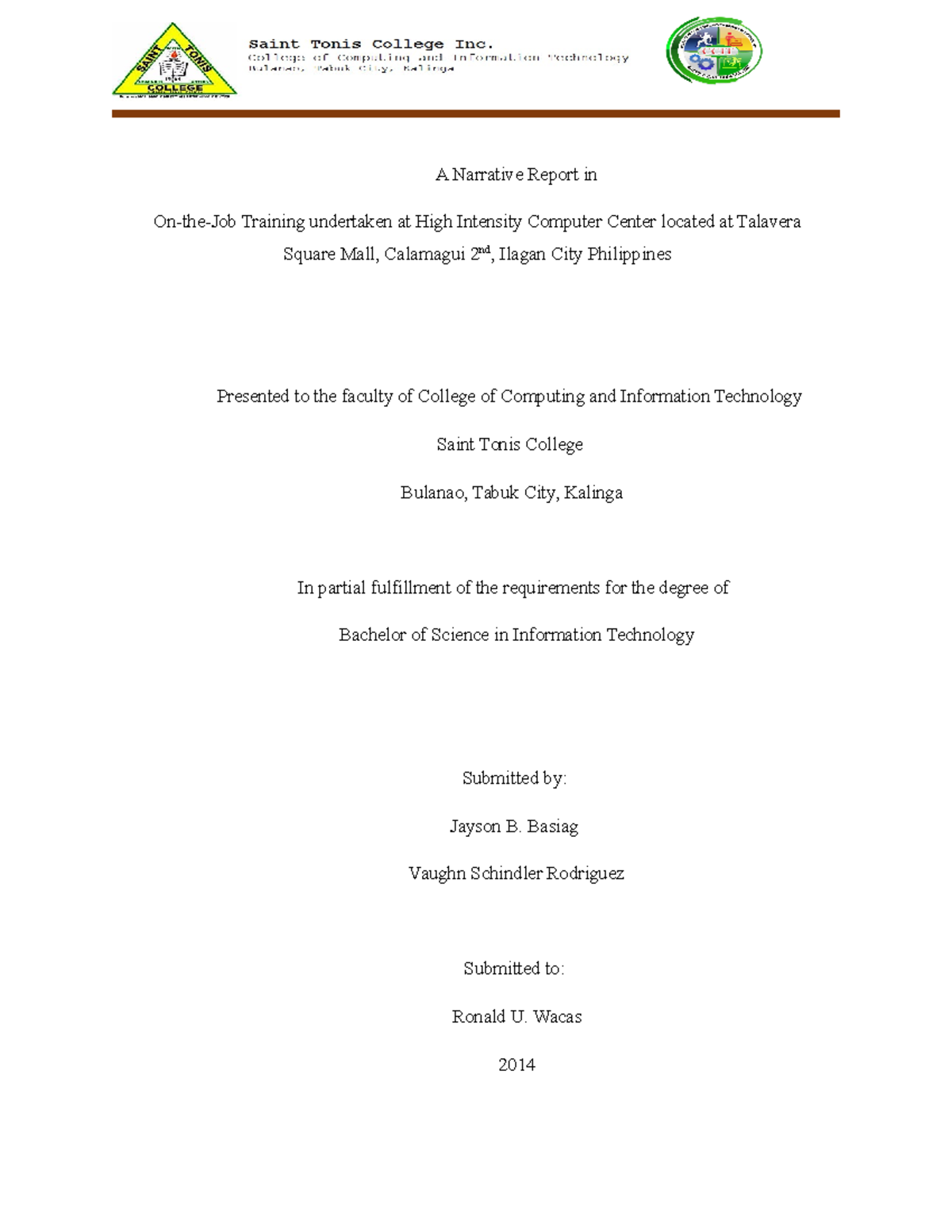 Internship notes - A Narrative Report in On-the-Job Training undertaken ...