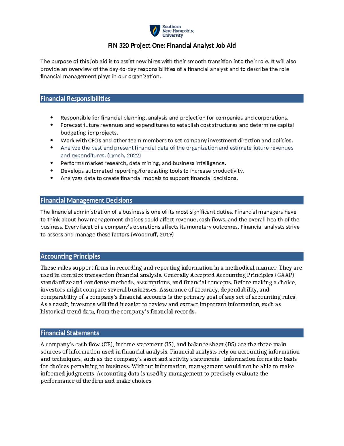 FIN 320 Project One Financial Analyst Job Aid - It will also provide an ...
