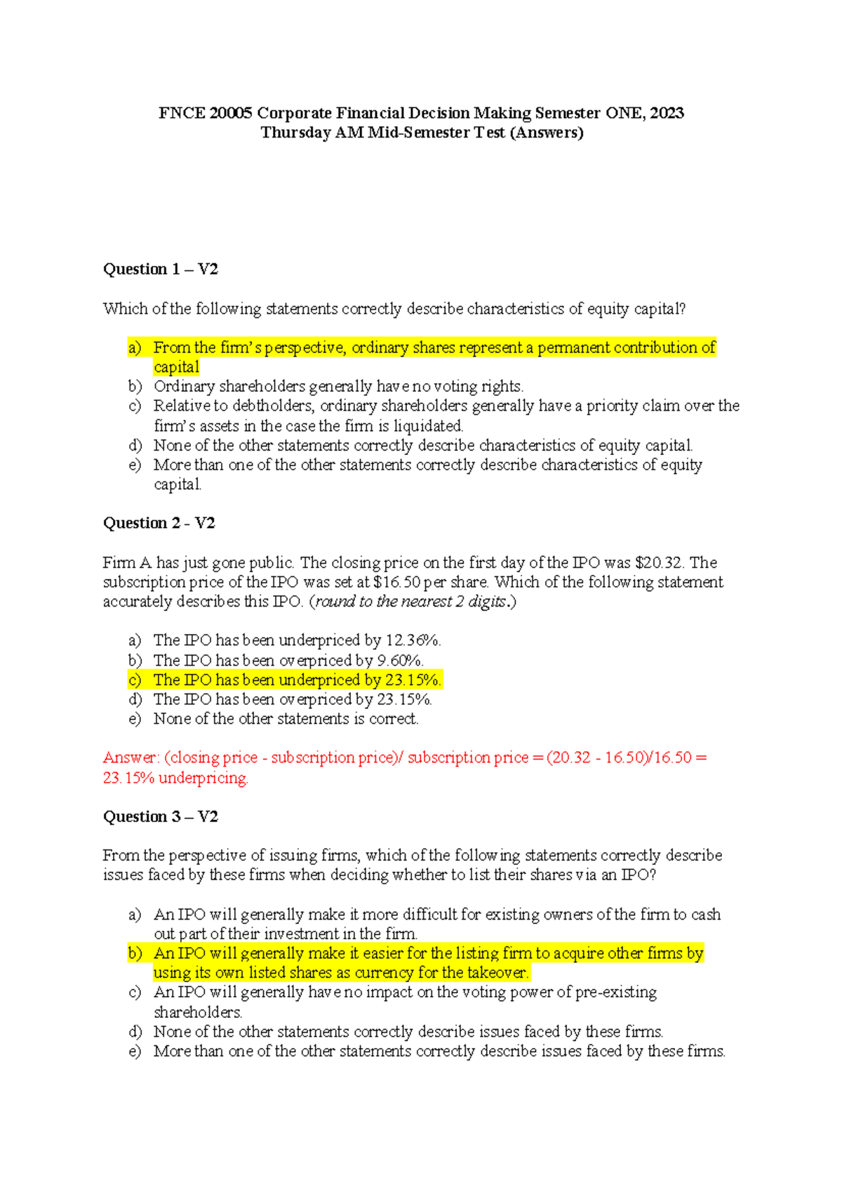 MST 2023 Thur with answer - FNCE 20005 Corporate Financial Decision ...
