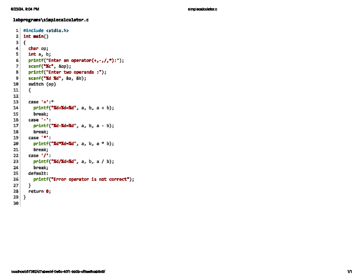 Calculator - 9:04 PM simplecalculator 1 2 int main () 3 4 char 5 int a ...