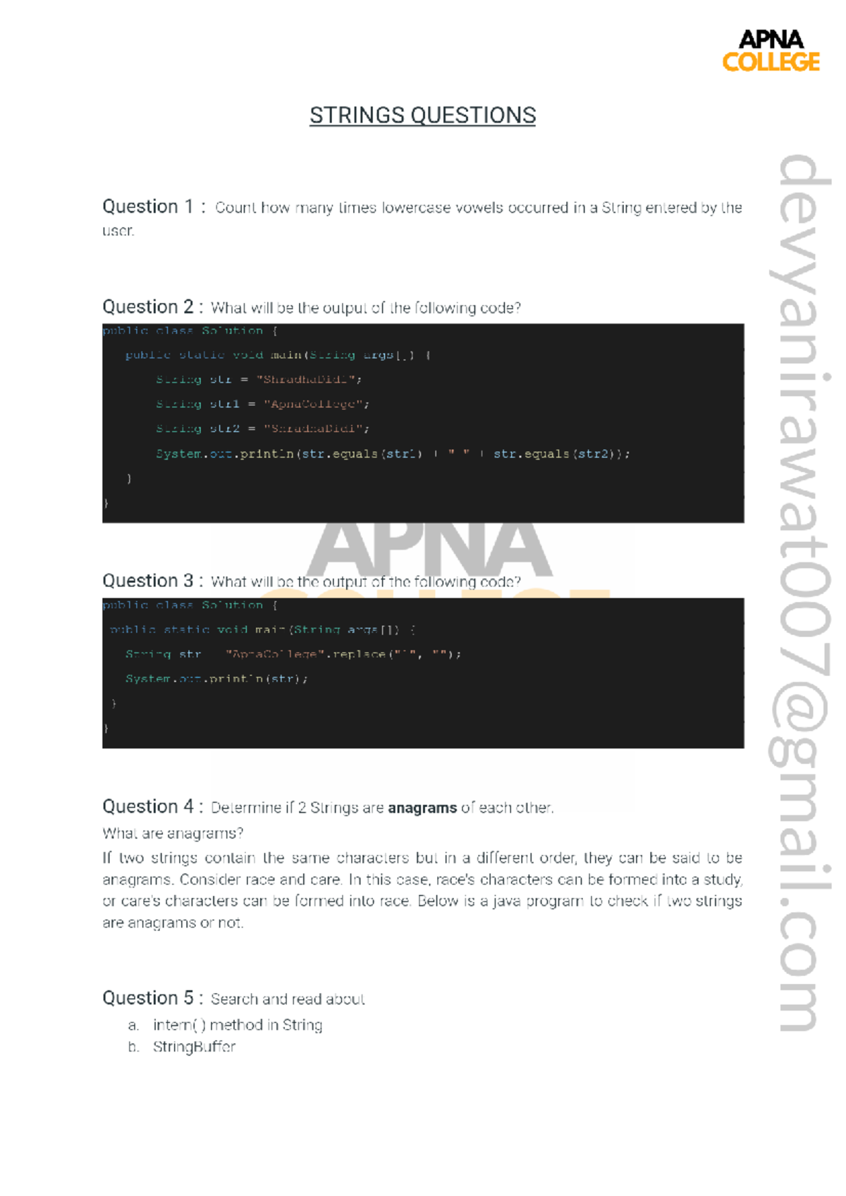 Practice Questions - Yxz - APNA COLLEGE STRINGS QUESTIONS Question 1 ...