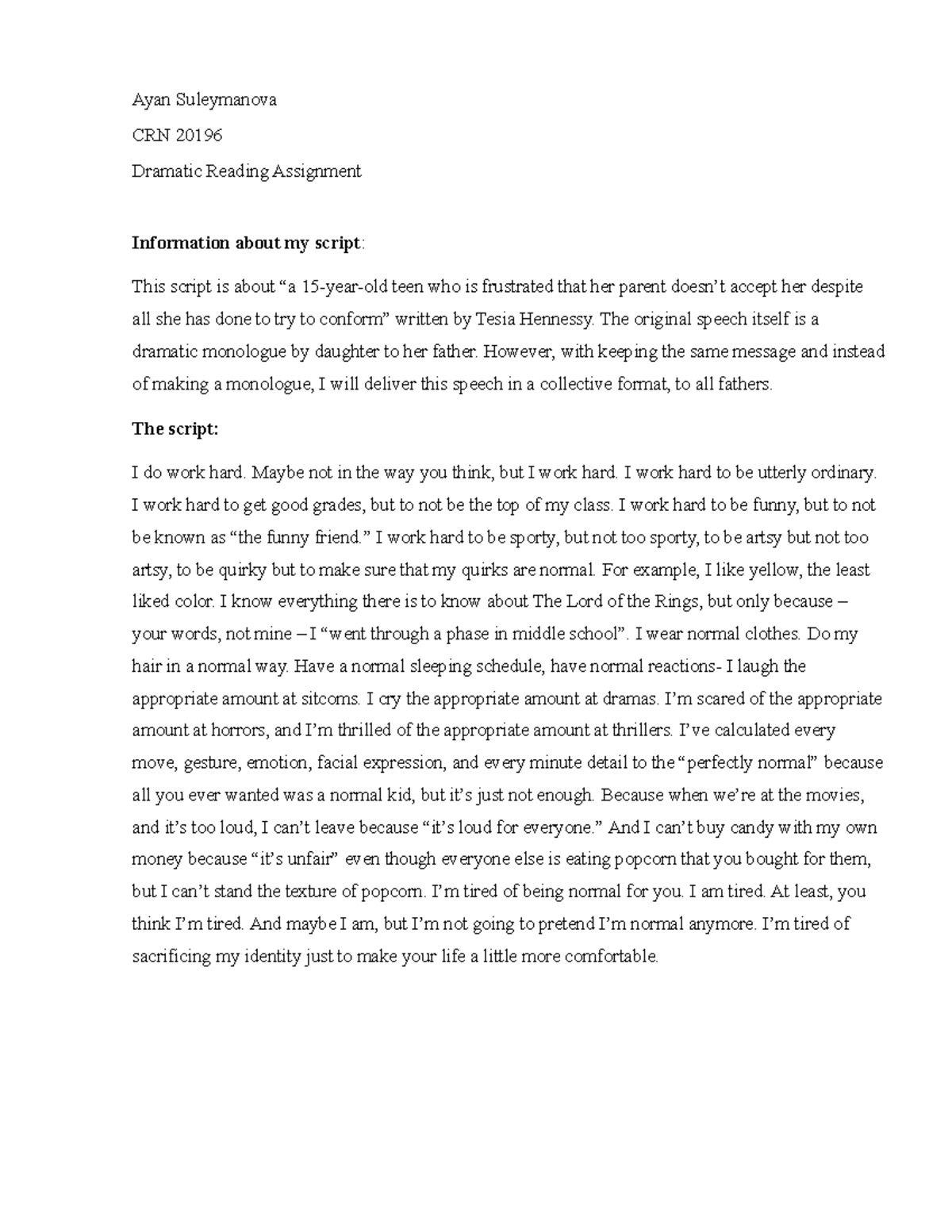 Dramatic Reading Outline - Ayan Suleymanova CRN 20196 Dramatic Reading ...