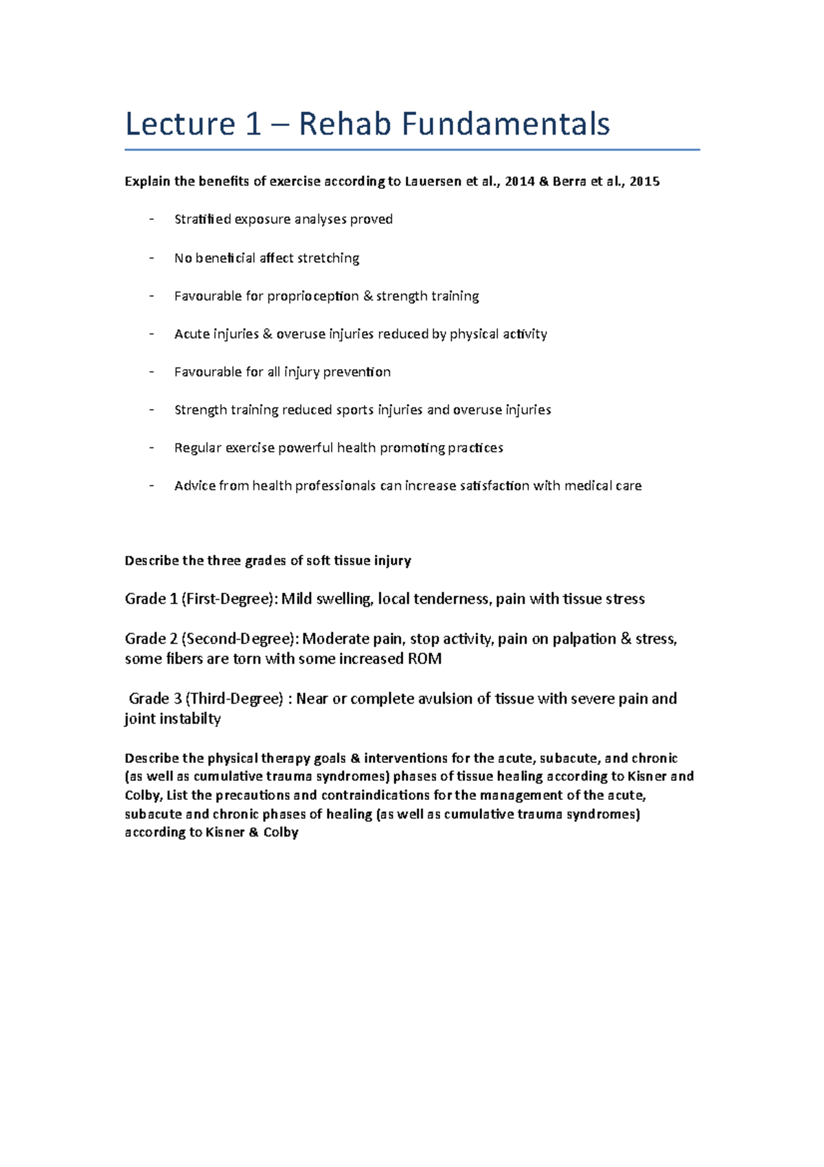 Summary - lecture All, complete - Lecture 1 – Rehab Fundamentals ...