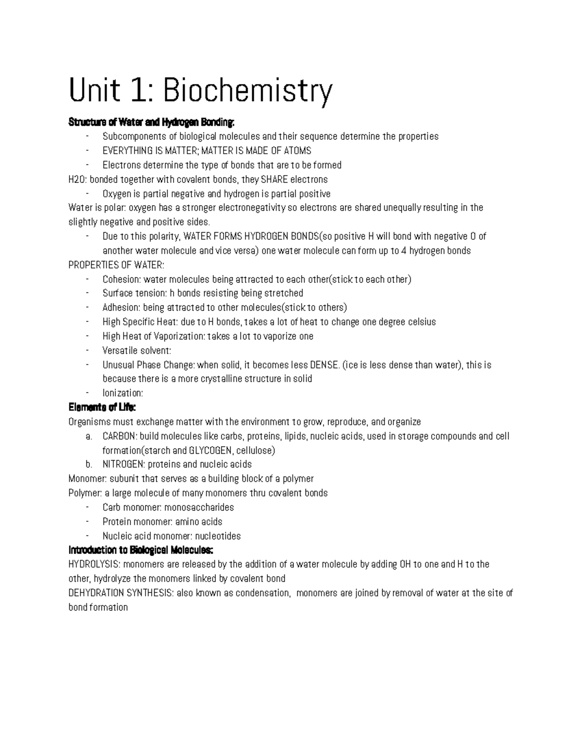 AP BIO AP Study Guide - Notes from class - Unit 1: Biochemistry ...