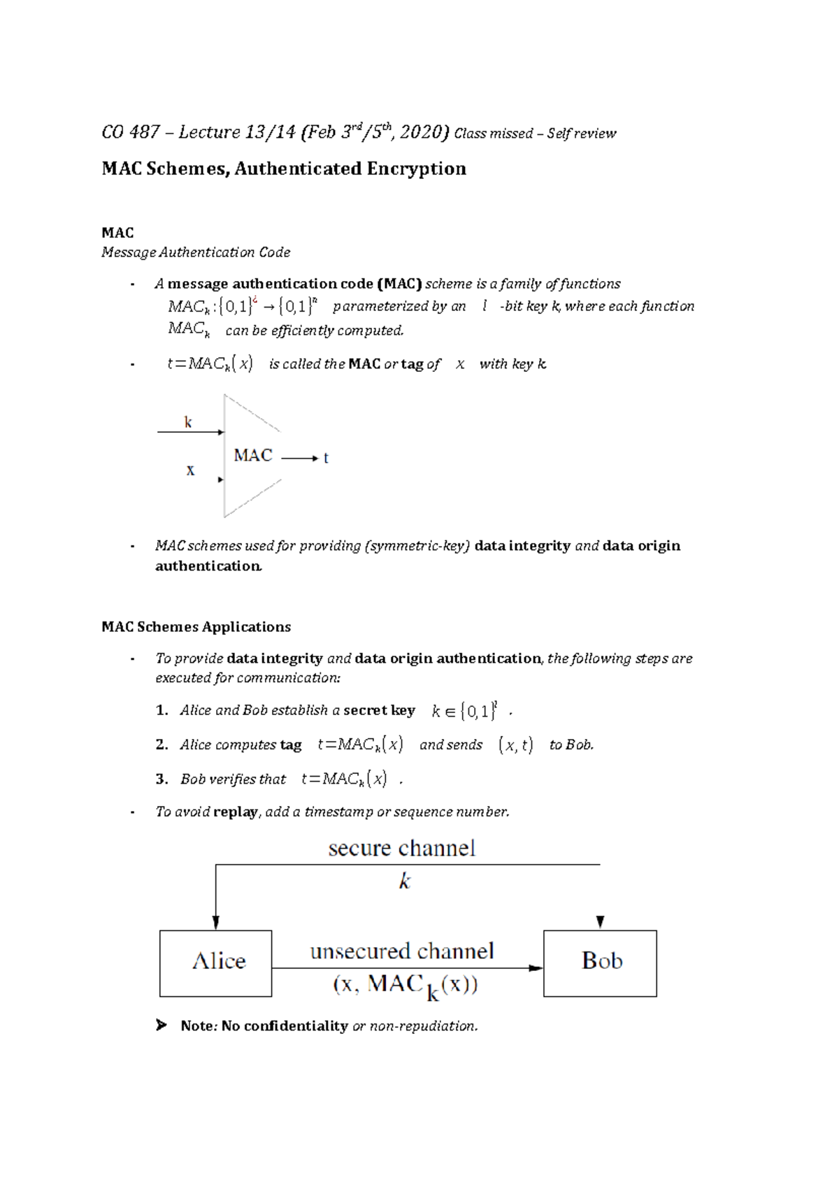 Mac Schemes Authenticated Encryption Co 487 Lecture 1314 Feb 3rd5th 2020 Class Missed 