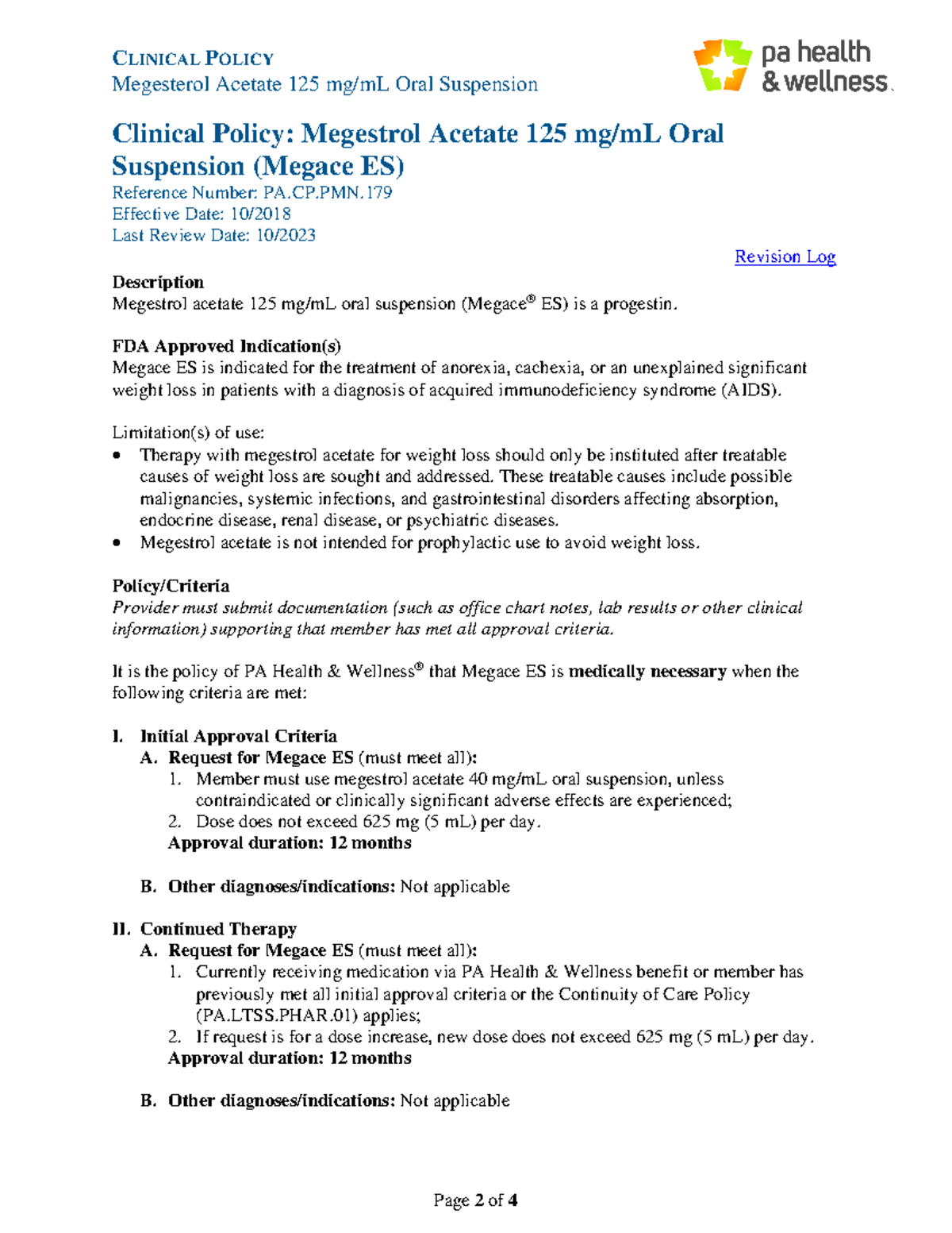 Megestrol Acetate Oral Suspension Megace ES v1 2023 - CLINICAL POLICY ...
