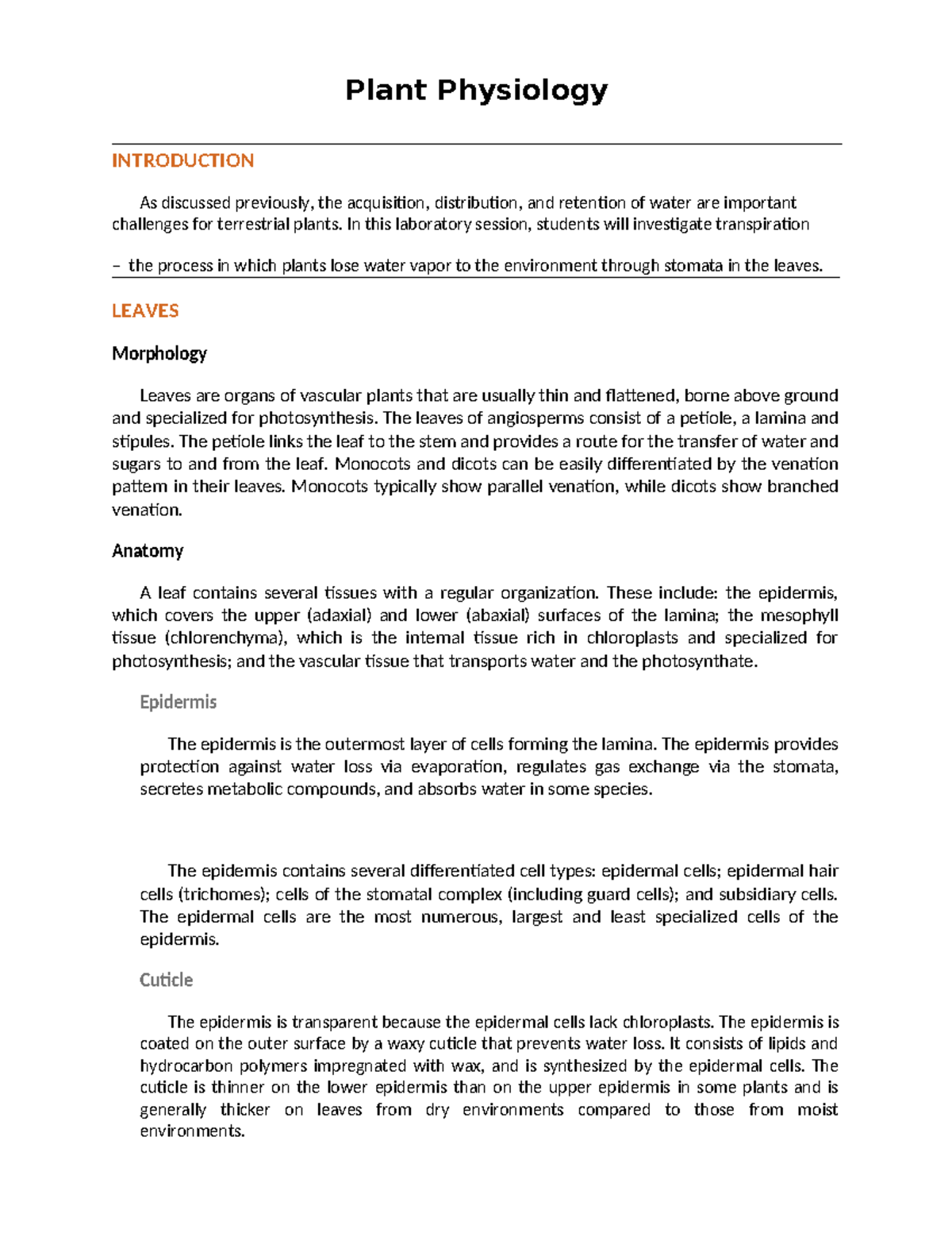 Transpiration Lab Instructions 2 - Plant Physiology INTRODUCTION As ...