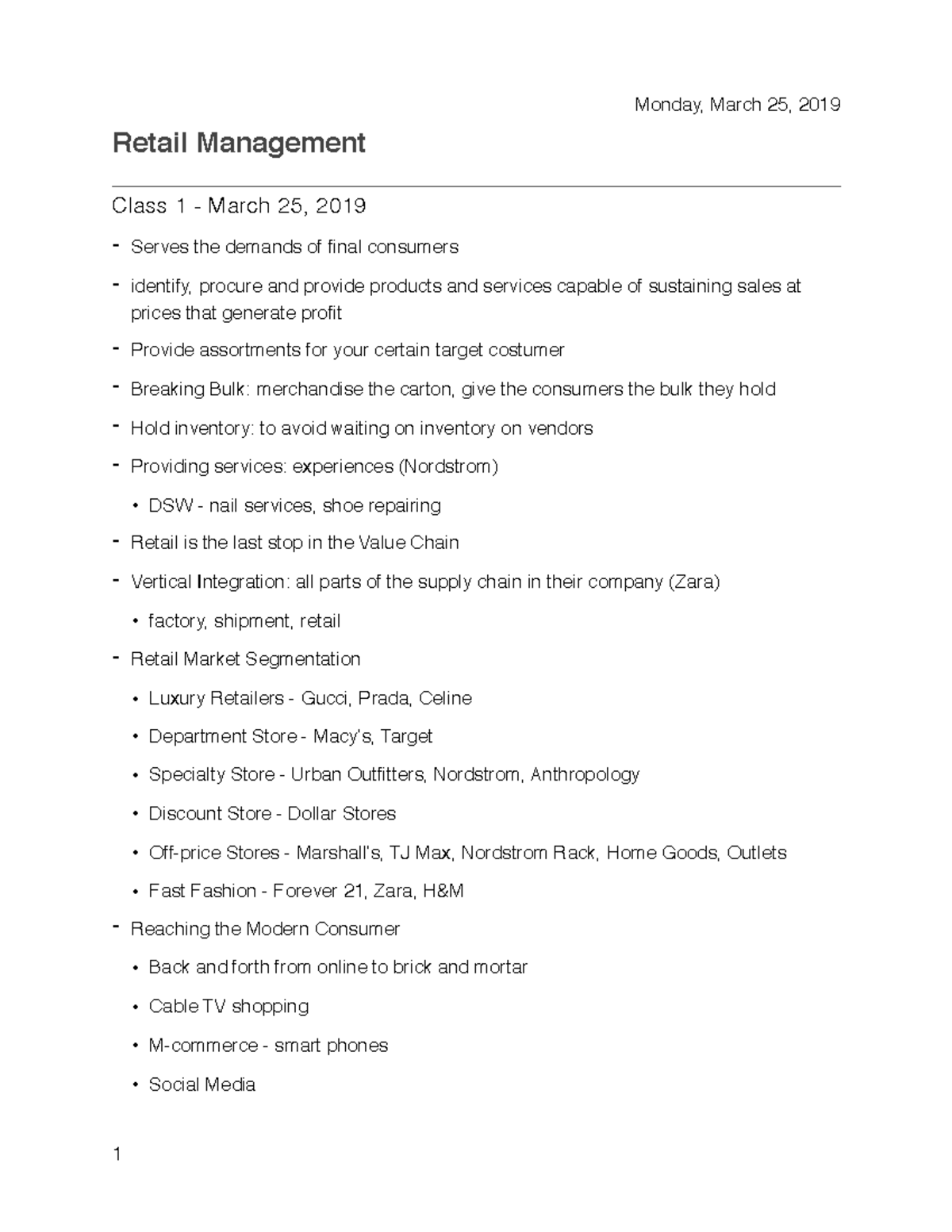 FASM410notes - Lecture notes 1-16 - Retail Management Class 1 - March ...