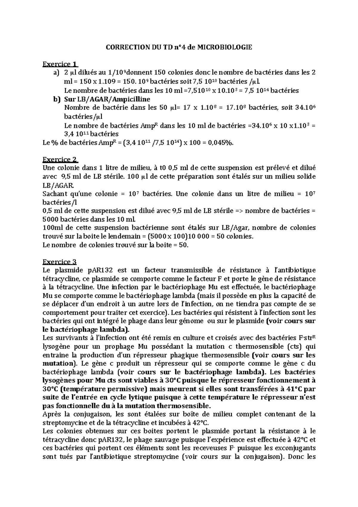 Correction DU TD n°4 de Microbiologie - **CORRECTION DU TD n°4 de MICROBIOLOGIE ** **Exercice 1 ...