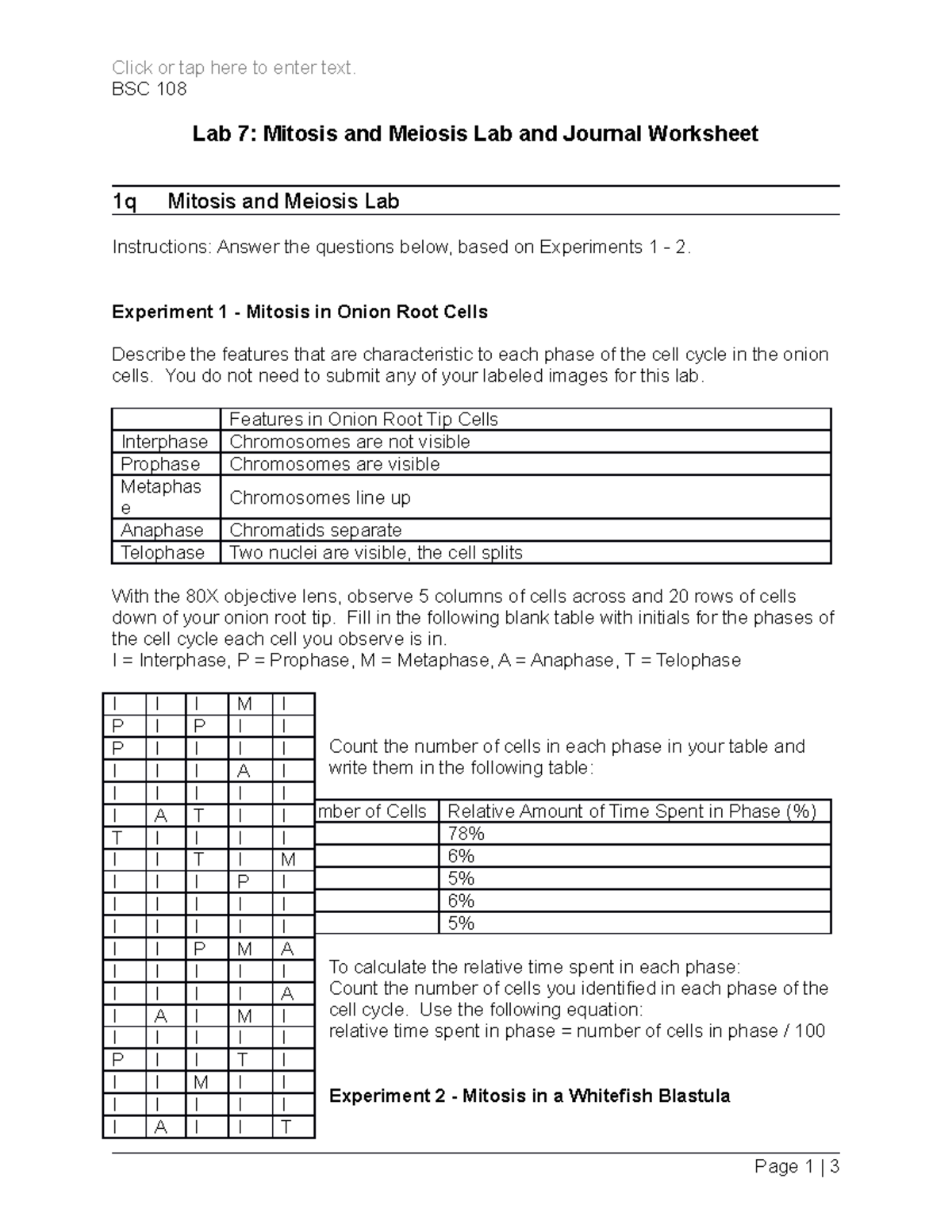 Bsc 108 Lab7 Mitosis And Meiosis Lab And Journal Worksheet Click Or Tap Here To Enter Text 