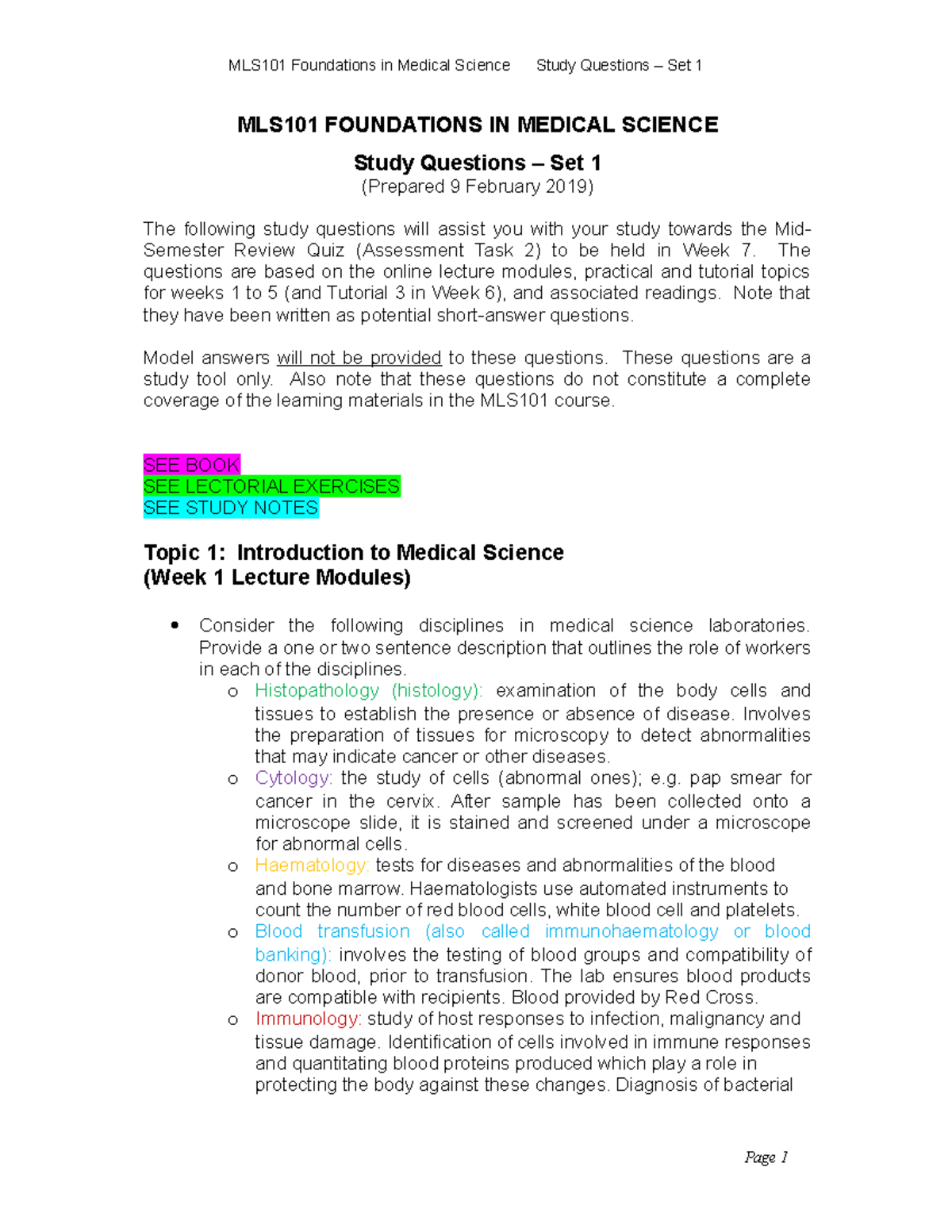MLS101 Study Qs Set1 2019 - MLS101 FOUNDATIONS IN MEDICAL SCIENCE Study ...