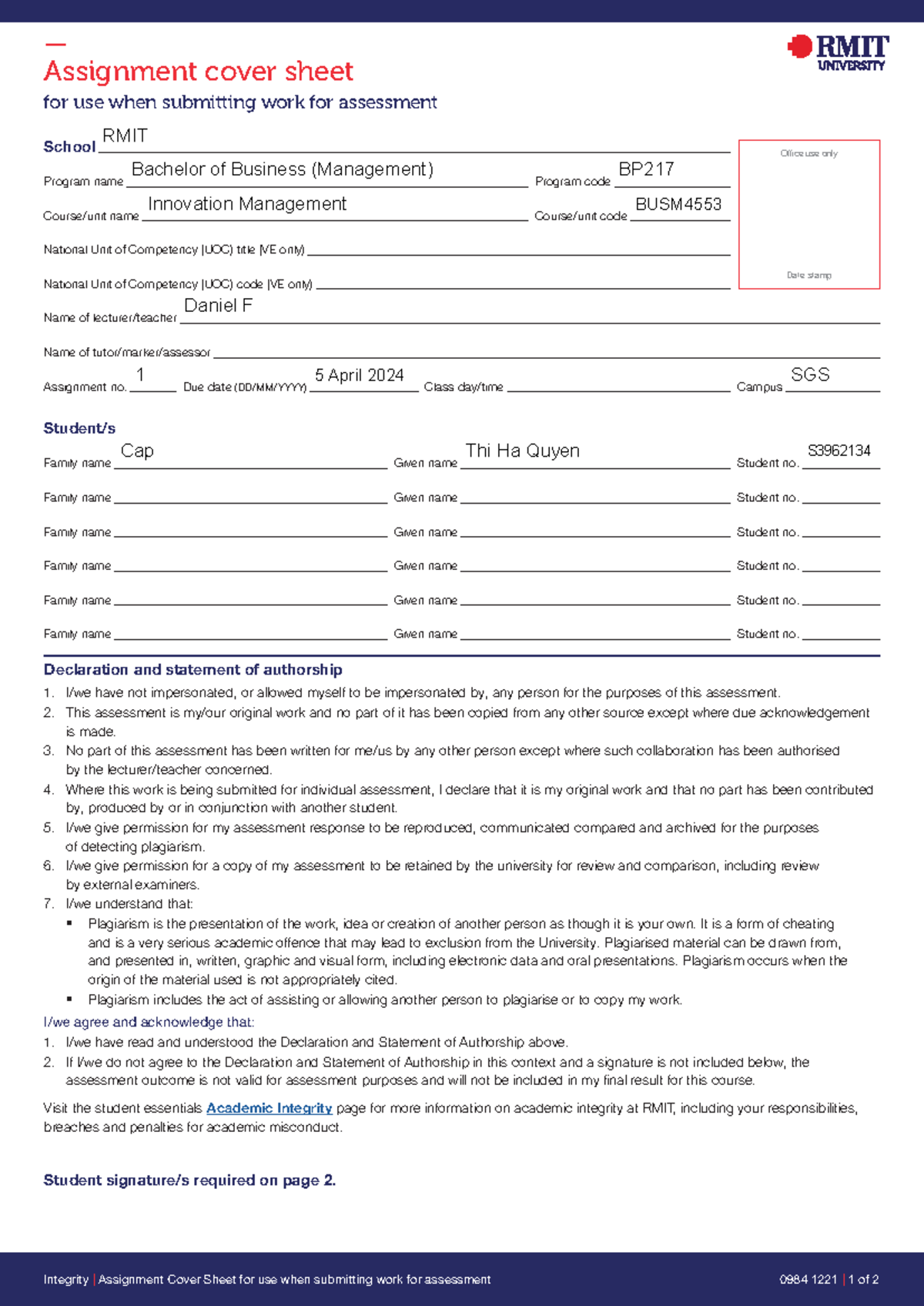 Assignment-cover-sheet - Integrity | Assignment Cover Sheet for use ...