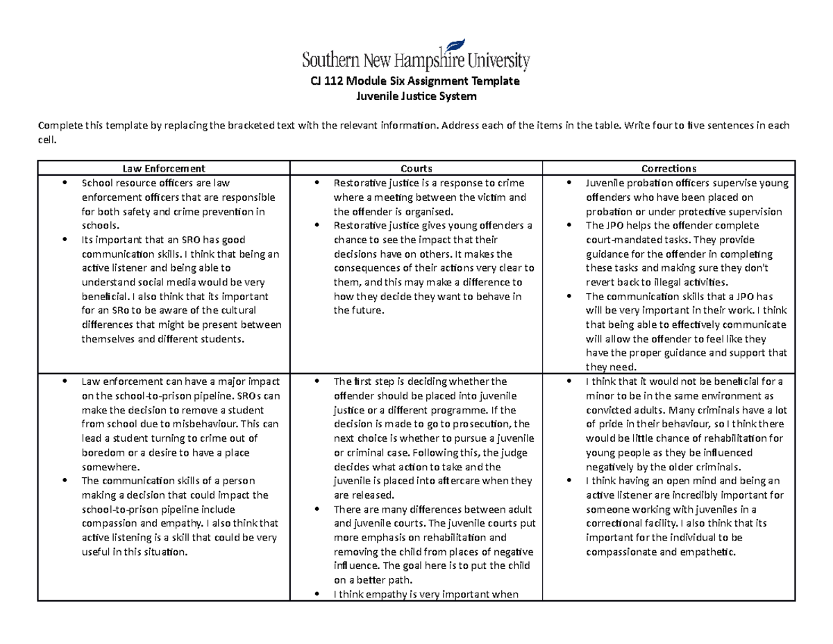CJ 112 Juvenile Justice - CJ 112 Module Six Assignment Template ...