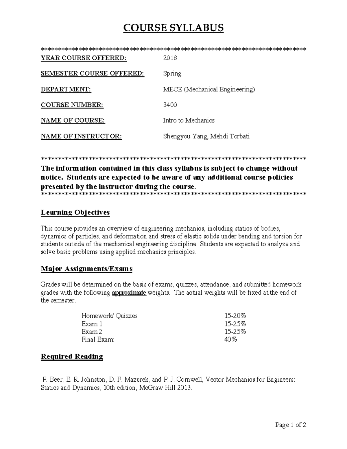 Course Syllabus 2018 - Lecture notes 1 - COURSE SYLLABUS Page 1 of 2 ...