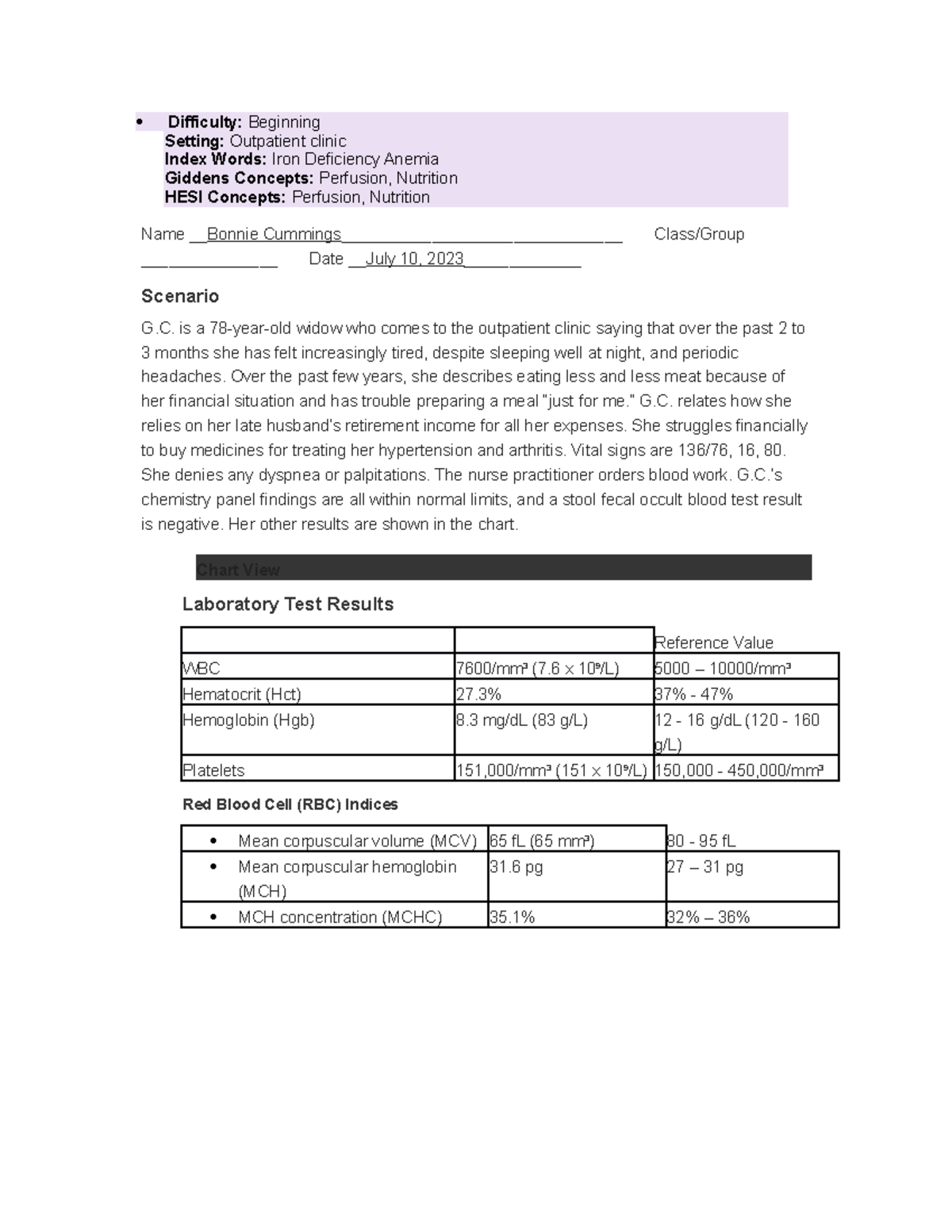 Anemia - case study - Difficulty: Beginning Setting: Outpatient clinic ...