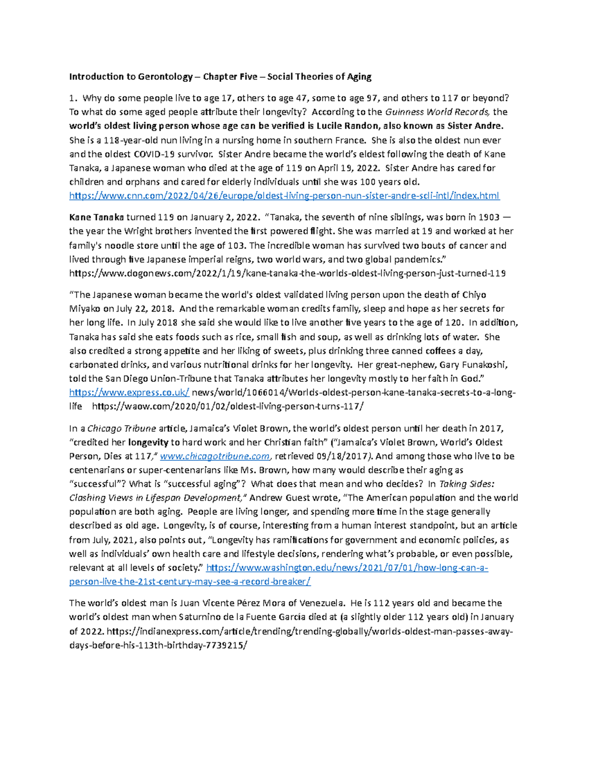 Introduction to Gerontology Chapter Five Summary and Lecture Notes and ...