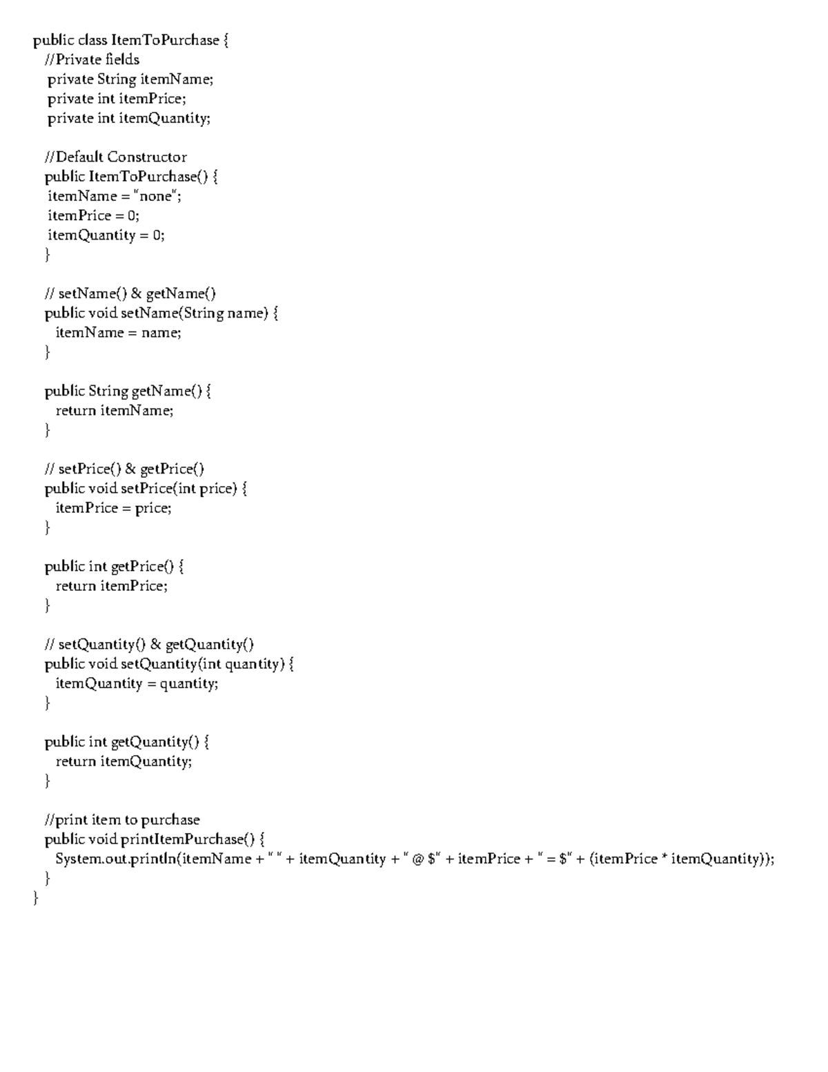 5.12 Online shopping cart (Java) - public class ItemToPurchase { //Private fields private String ...
