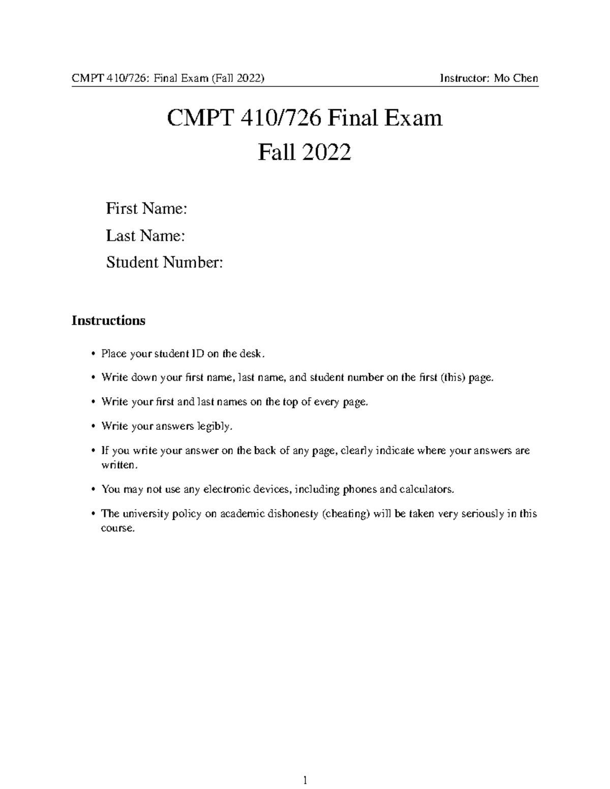 Cmpt726 fa22 fe - cmpt 726 fa22 fe - CMPT 410/726 Final Exam Fall 2022 ...