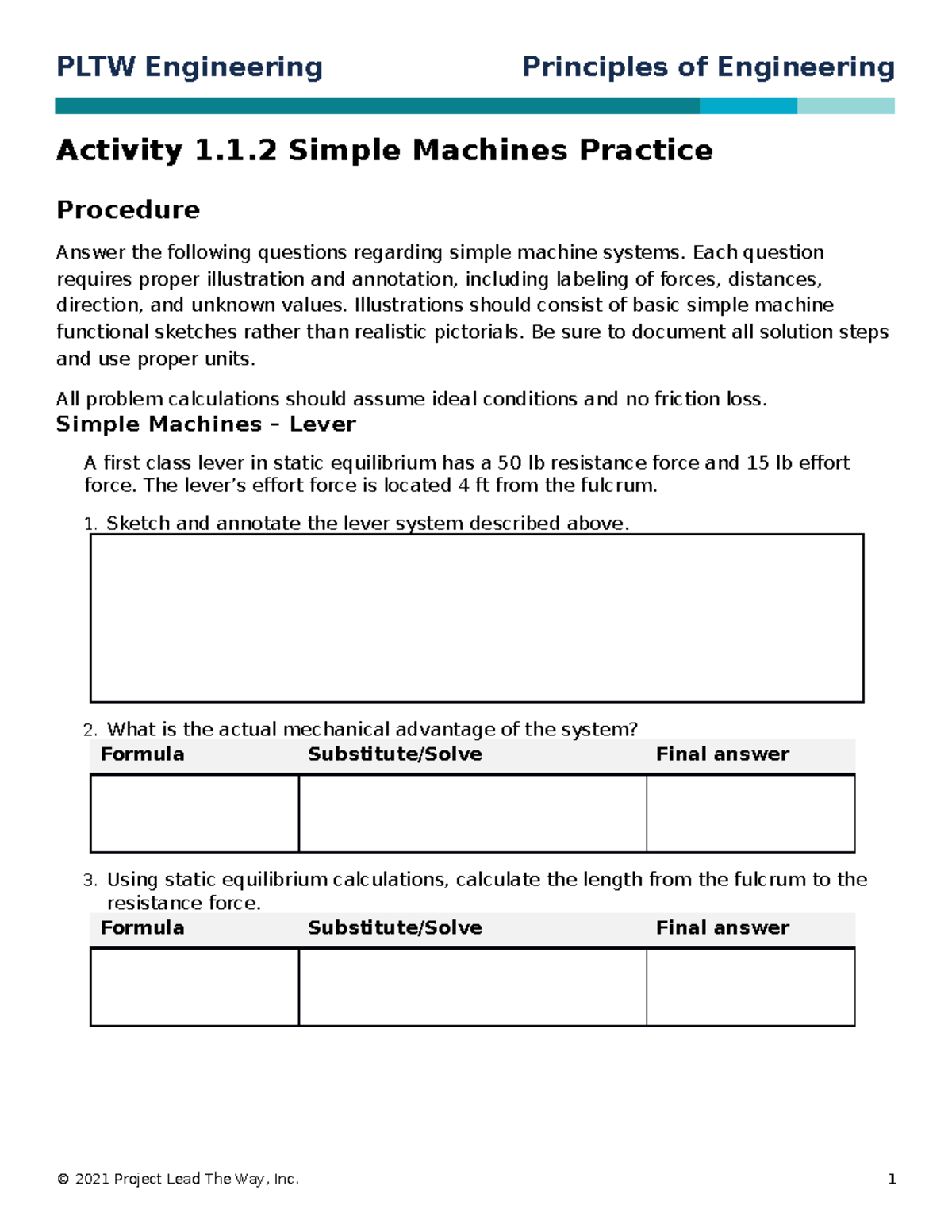 Poe 112 Simple Machines Practice Problems - Activity 1.1 Simple ...