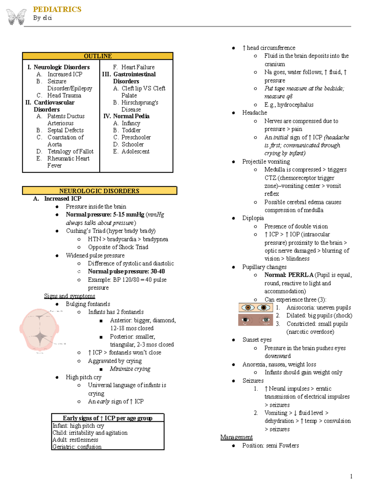 Pediatrics Nursing Notes - By elci NEUROLOGIC DISORDERS A. Increased ...