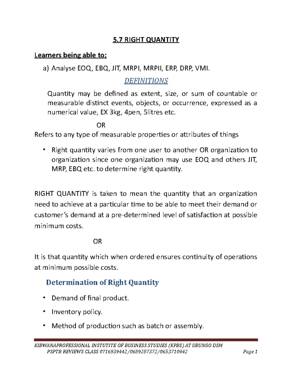5.7 Right Quantity - TOPIC 7 - 5 RIGHT QUANTITY Learners being able to ...