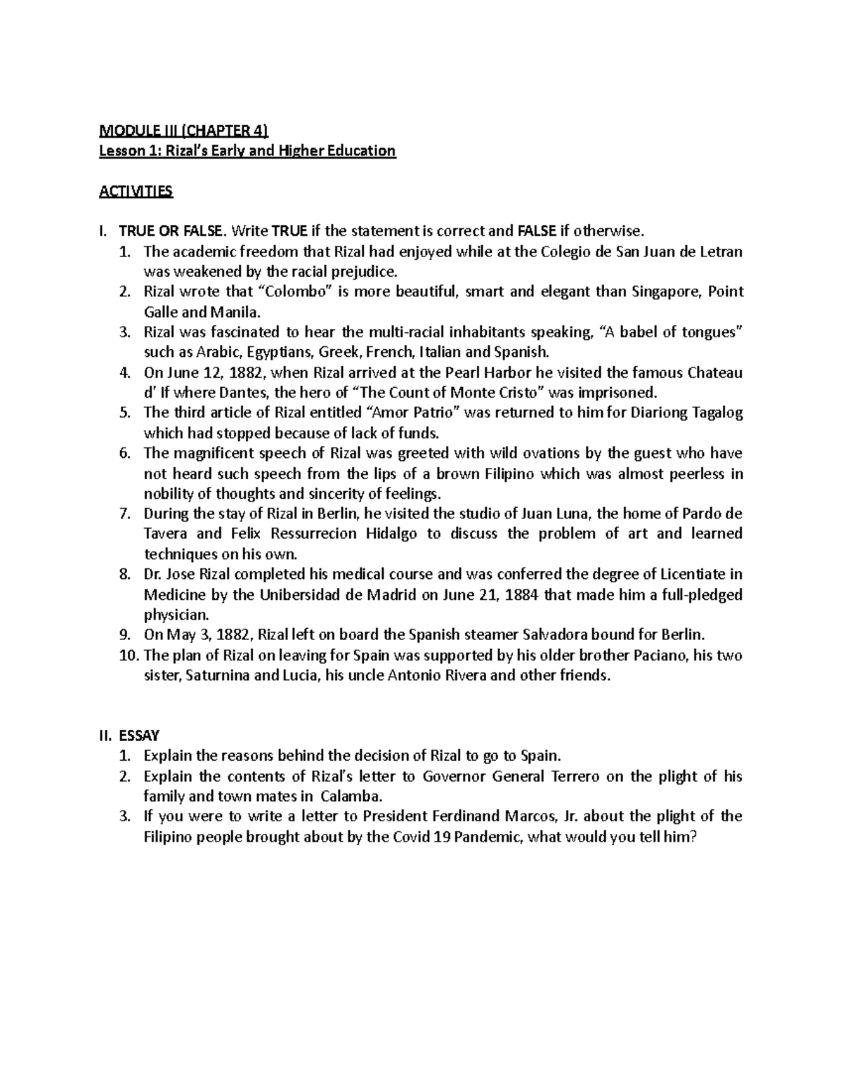 Module-III- Activities - MODULE III (CHAPTER 4) Lesson 1: Rizal’s Early ...