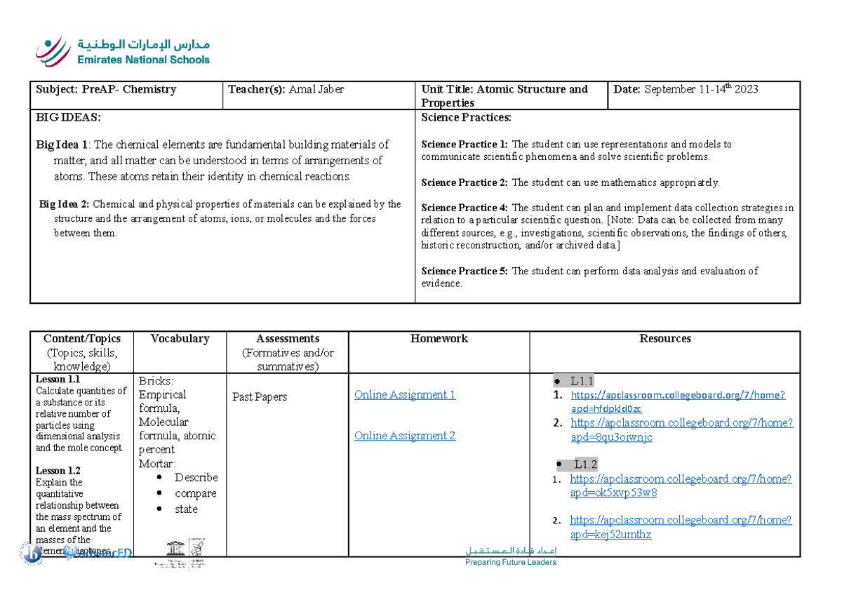 Pre AP- Chem Sep 11-14-2023 - Subject: PreAP- Chemistry Teacher(s ...