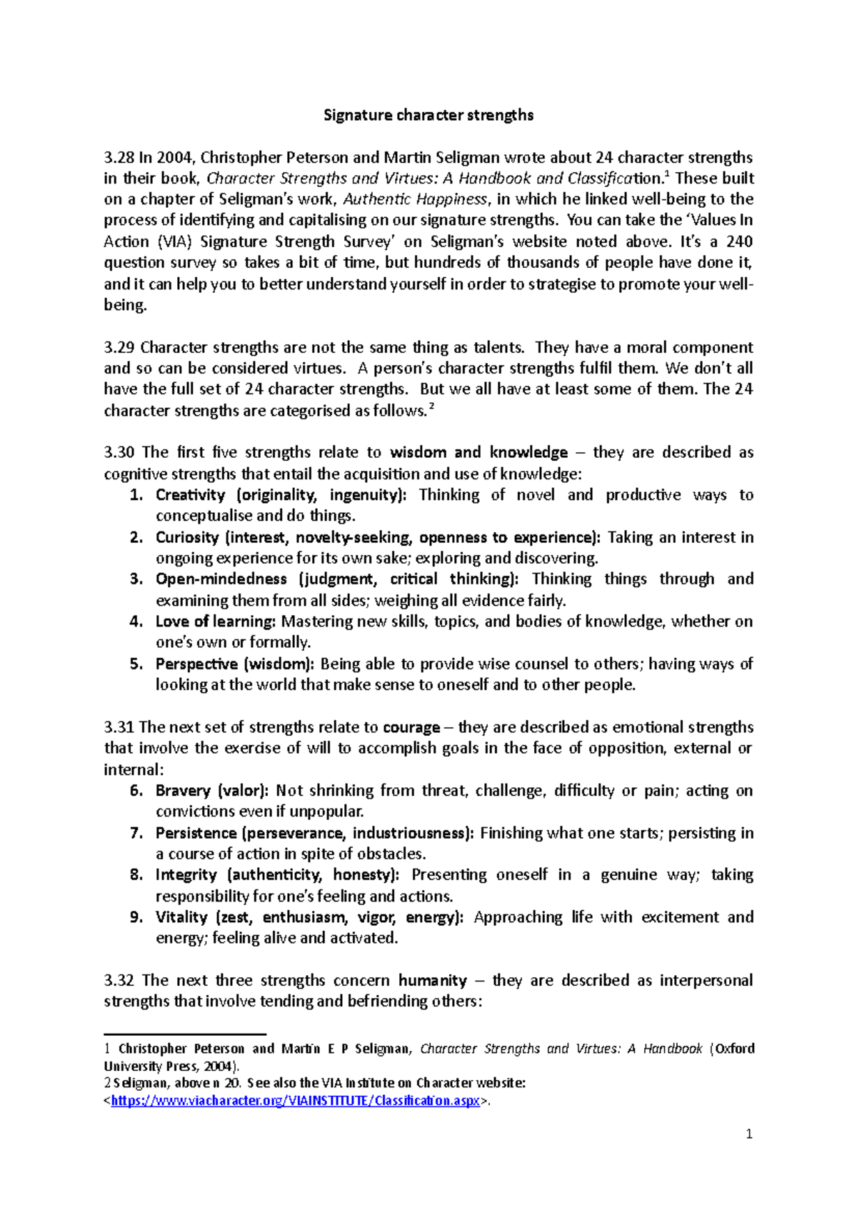 LLH302 Resilience and Wellbeing Signature character strengths Handout ...