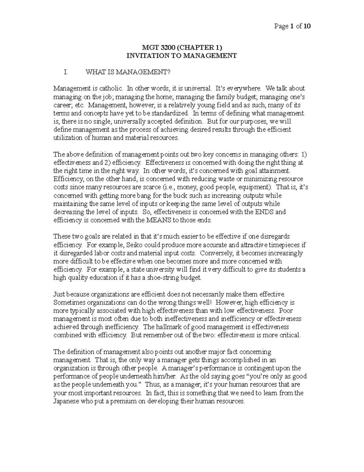 1. Introduction to Management Notes 2023 - MGT 3200 (CHAPTER 1 ...