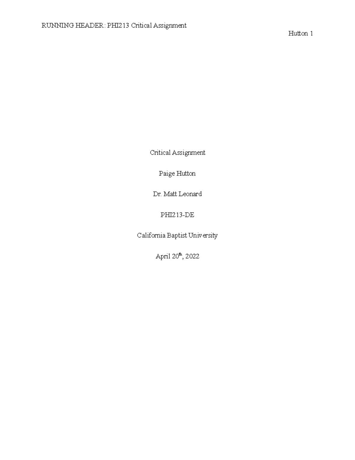 PHI213 Critical Assignment - Hutton 1 Critical Assignment Paige Hutton ...