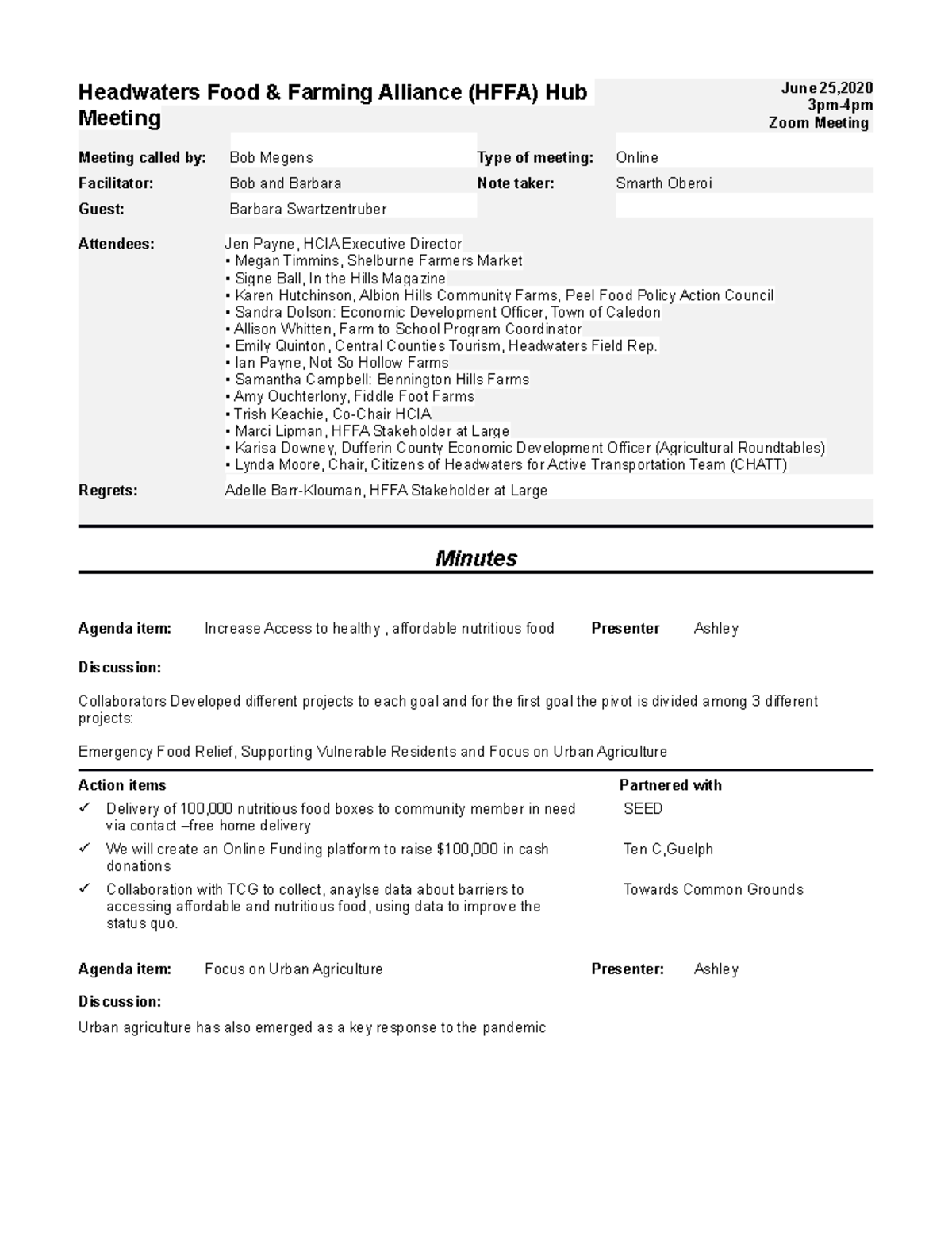 Minutes of Meeting - Assignment - Headwaters Food & Farming Alliance ...