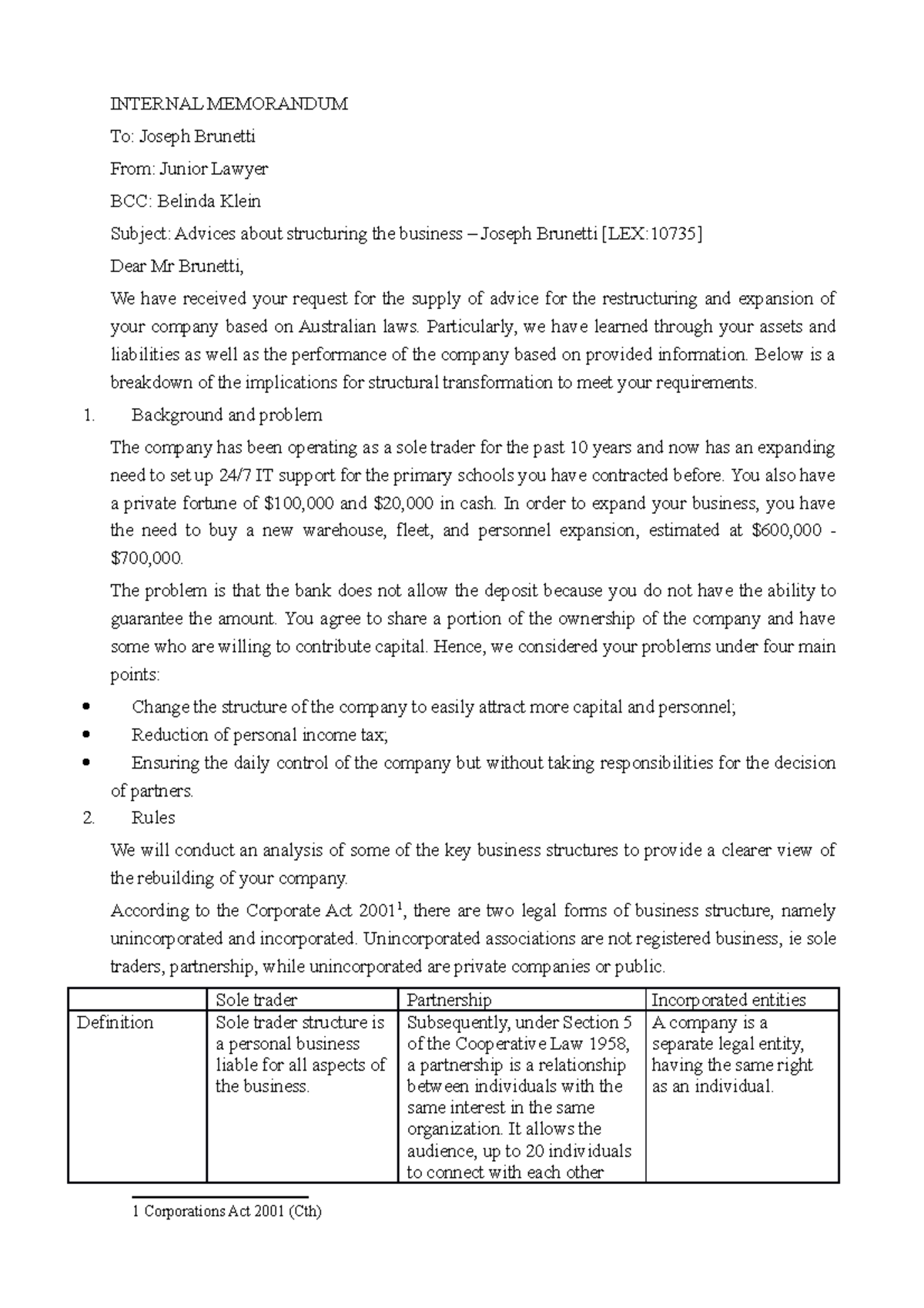[BL] Law - Business structure - INTERNAL MEMORANDUM To: Joseph Brunetti ...
