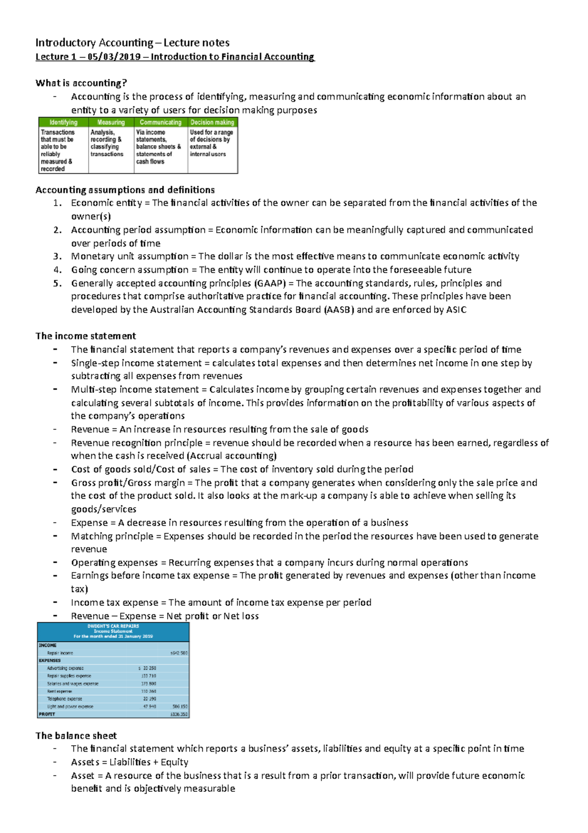 Intro Accounting - Lecture notes - Lecture 1 – 05/03/2019 ...