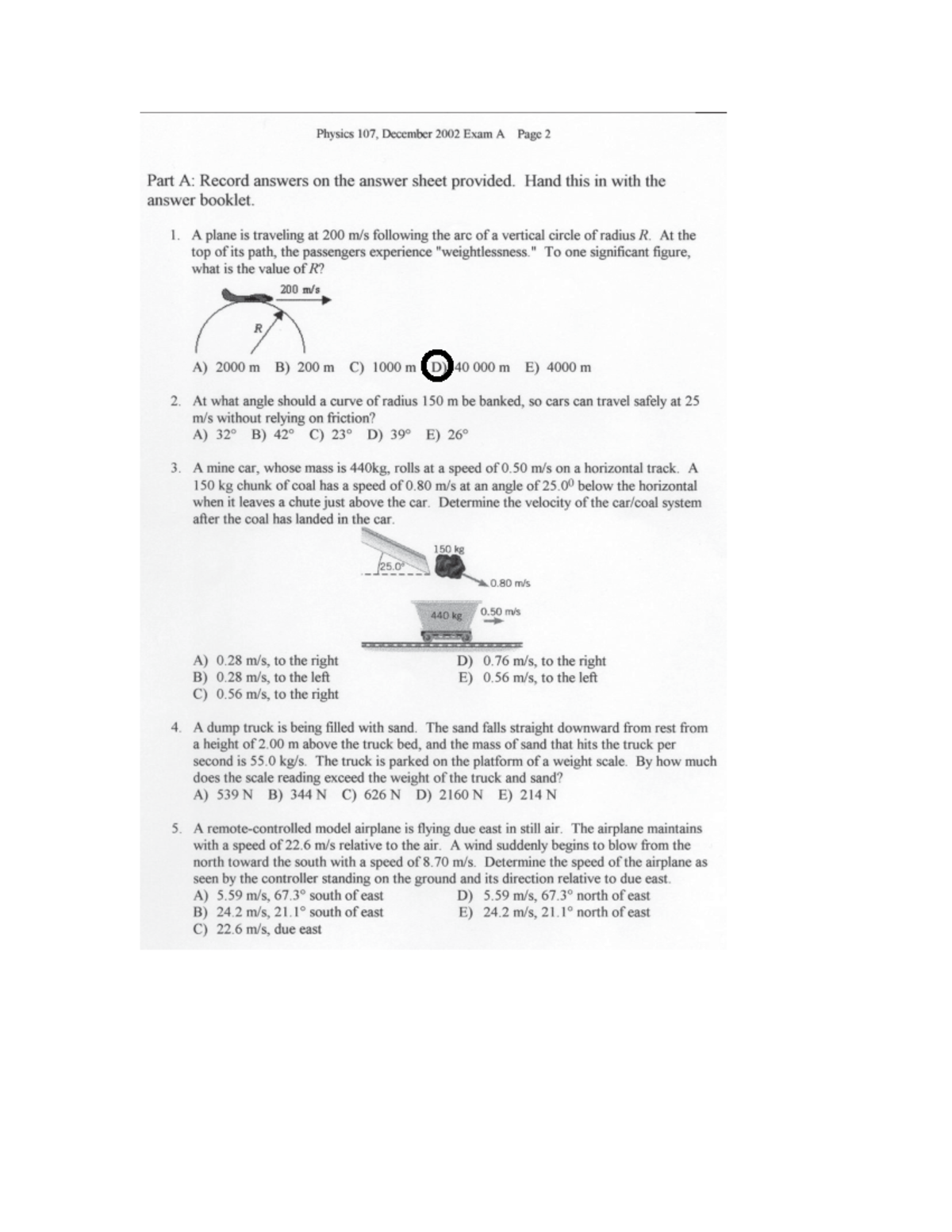 Physics practice exam - Physics 107, December 2002 Exam A Page 2 Part A ...