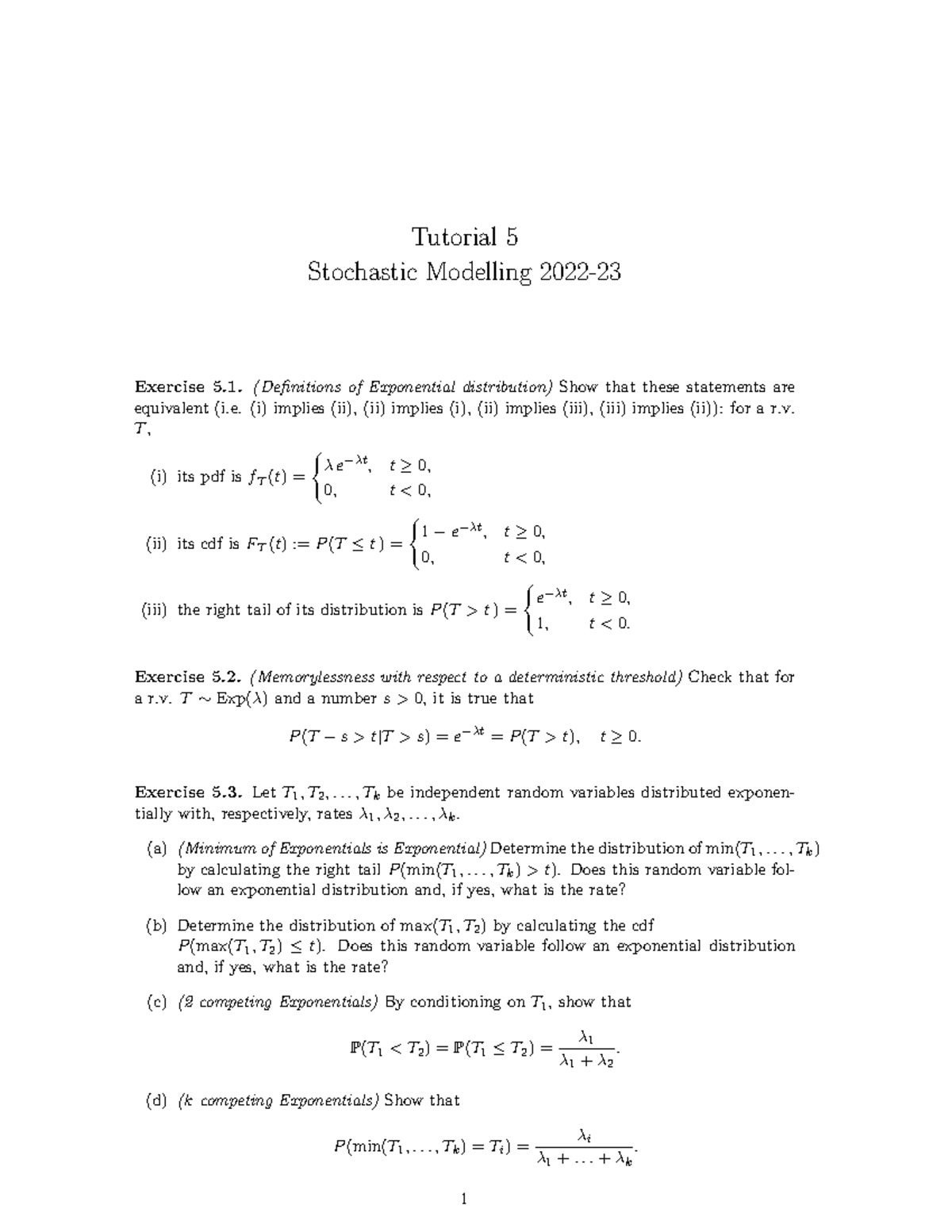 Tutorial 5 Oefenmateriaal Week 5 Tutorial 5 Stochastic Modelling