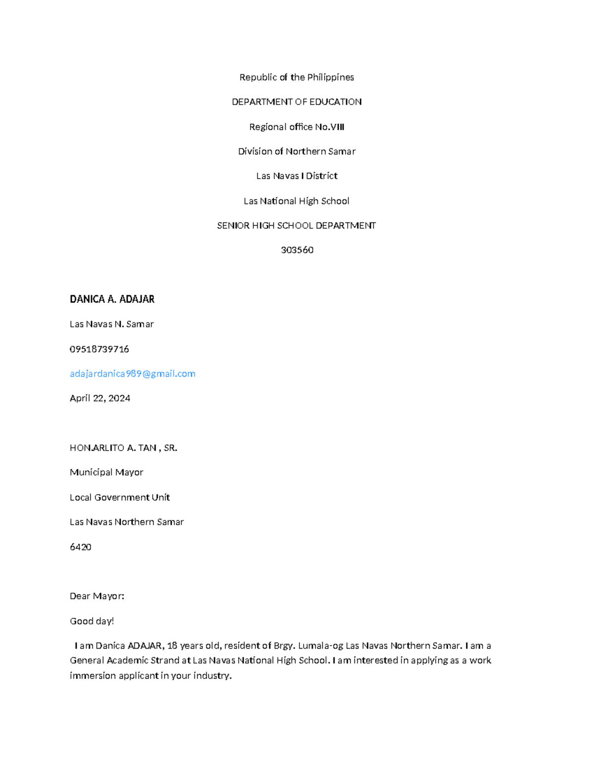 Danica(Application letter) - Republic of the Philippines DEPARTMENT OF EDUCATION Regional office ...