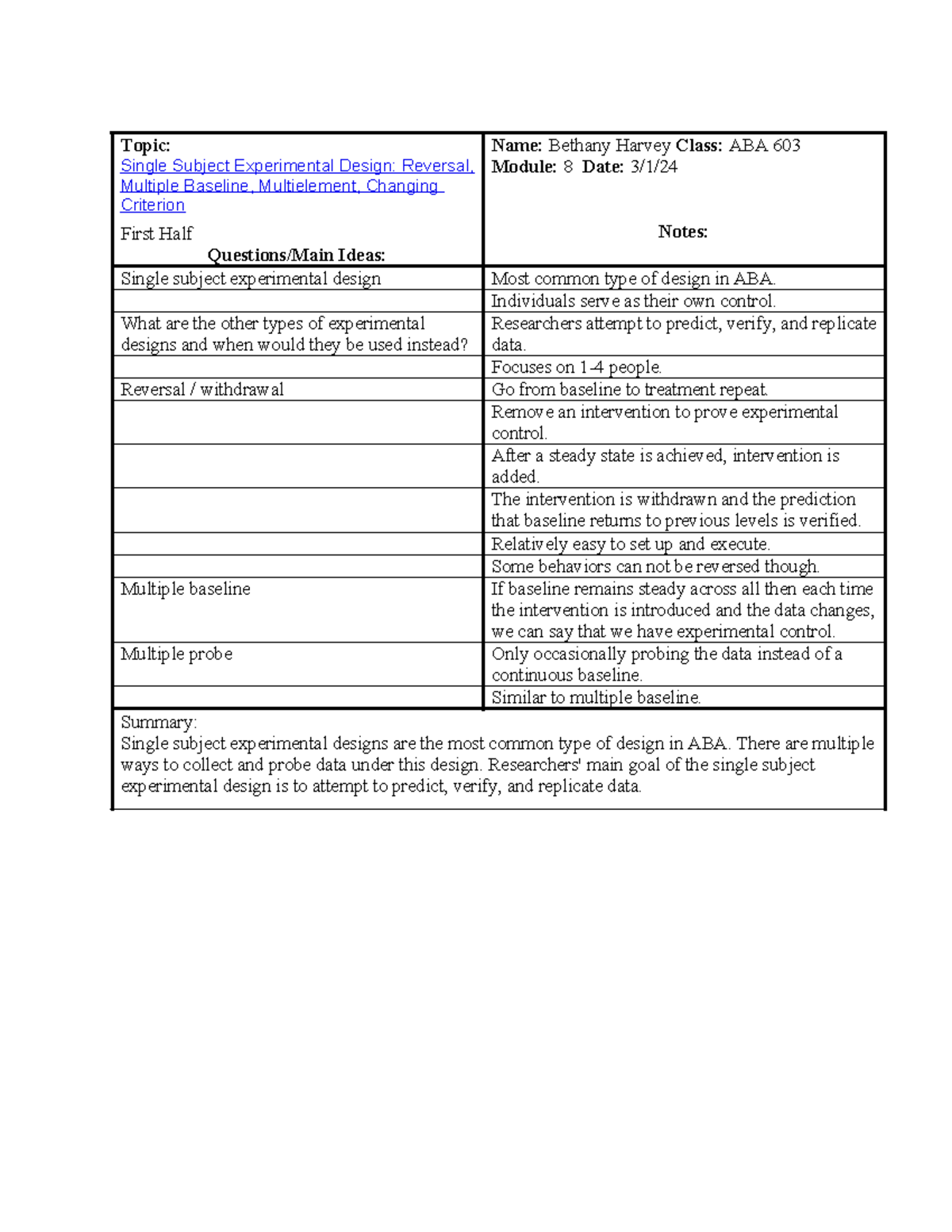 603 - Module 8 Notes - N/A - Topic: Single Subject Experimental Design ...