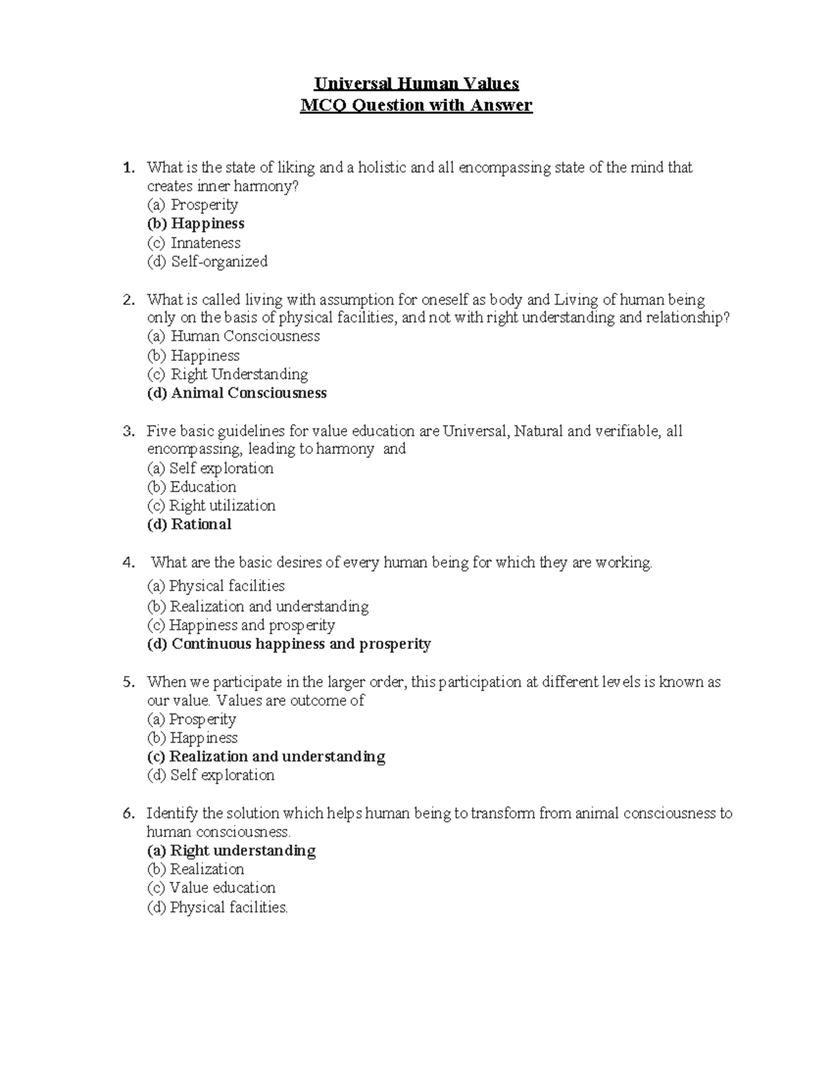 250 question bank UHV - Universal Human Values MCQ Question with Answer ...