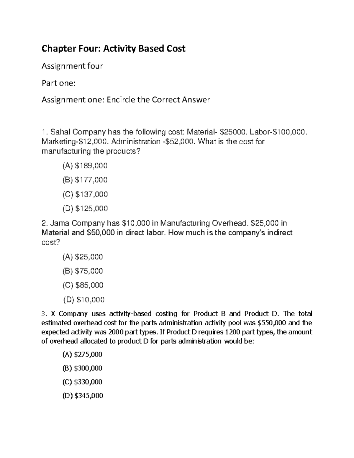 Chapter four ABC - Chapter Four: Activity Based Cost Assignment four ...