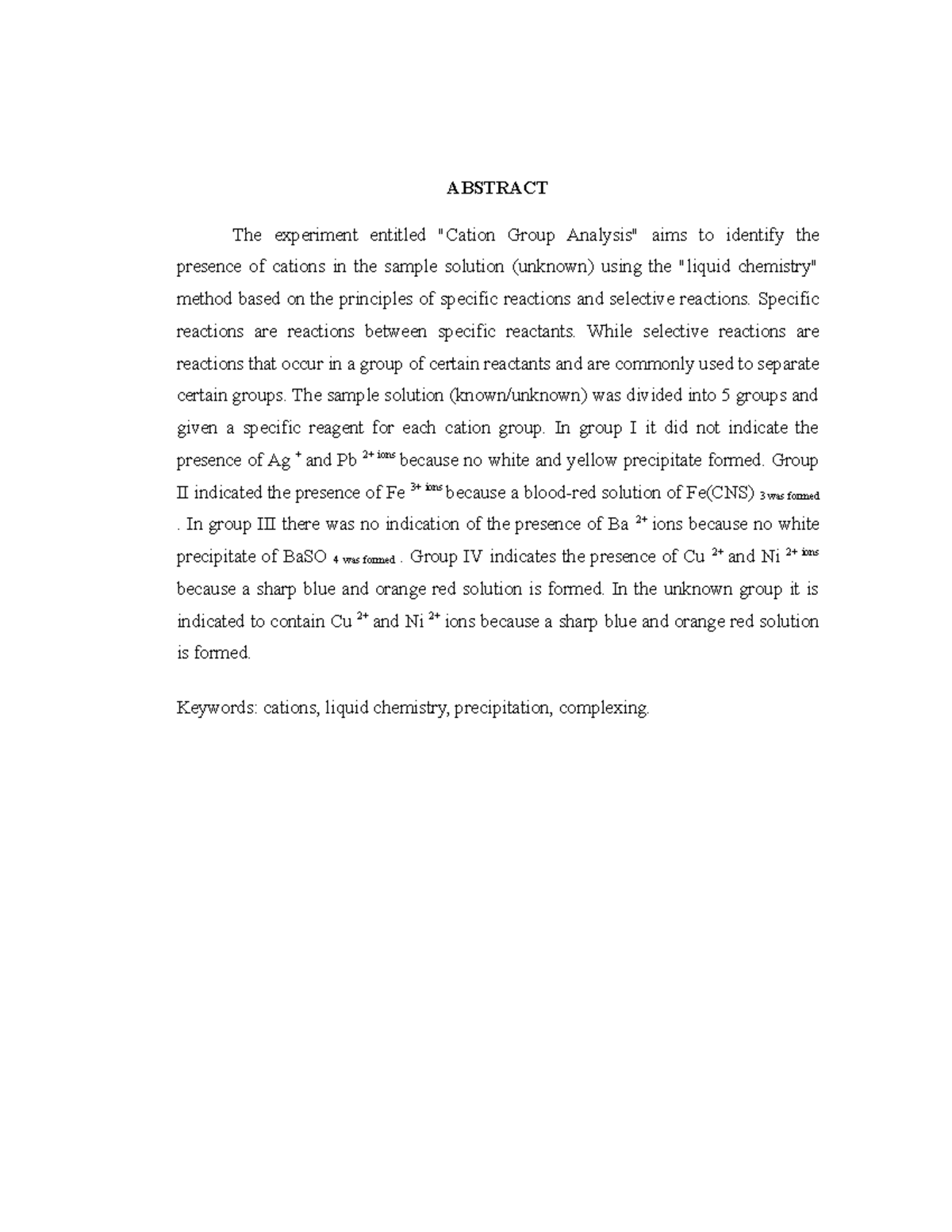 Journal Resume Oxygen - ABSTRACT The experiment entitled "Cation Group ...