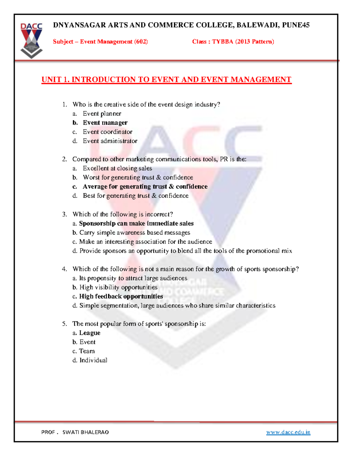 BBA 602 Event-Management - Subject – Event Management (602) Class : TYBBA (2013 Pattern) UNIT 1 ...