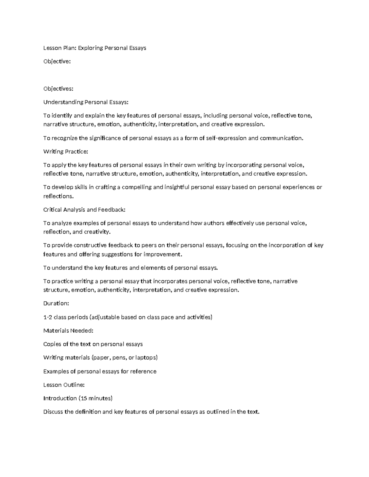 Essaylessonplan - English lesson plans - Lesson Plan: Exploring ...